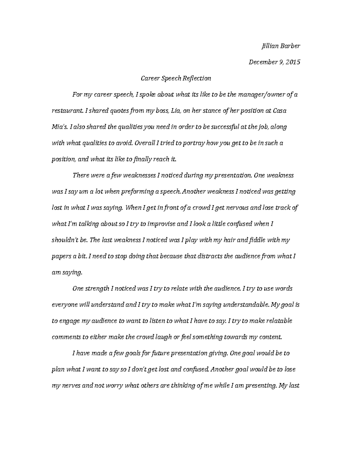 Communications Career Speech Reflection - Jillian Barber December 9 ...