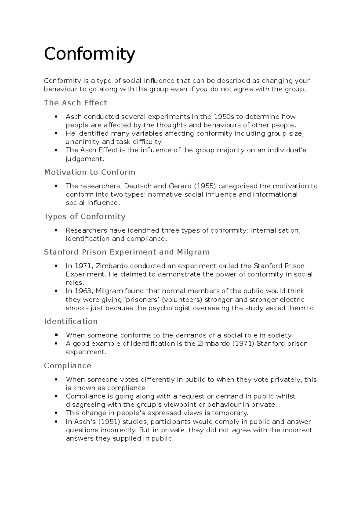 Psychology notes - Conformity Conformity is a type of social influence ...