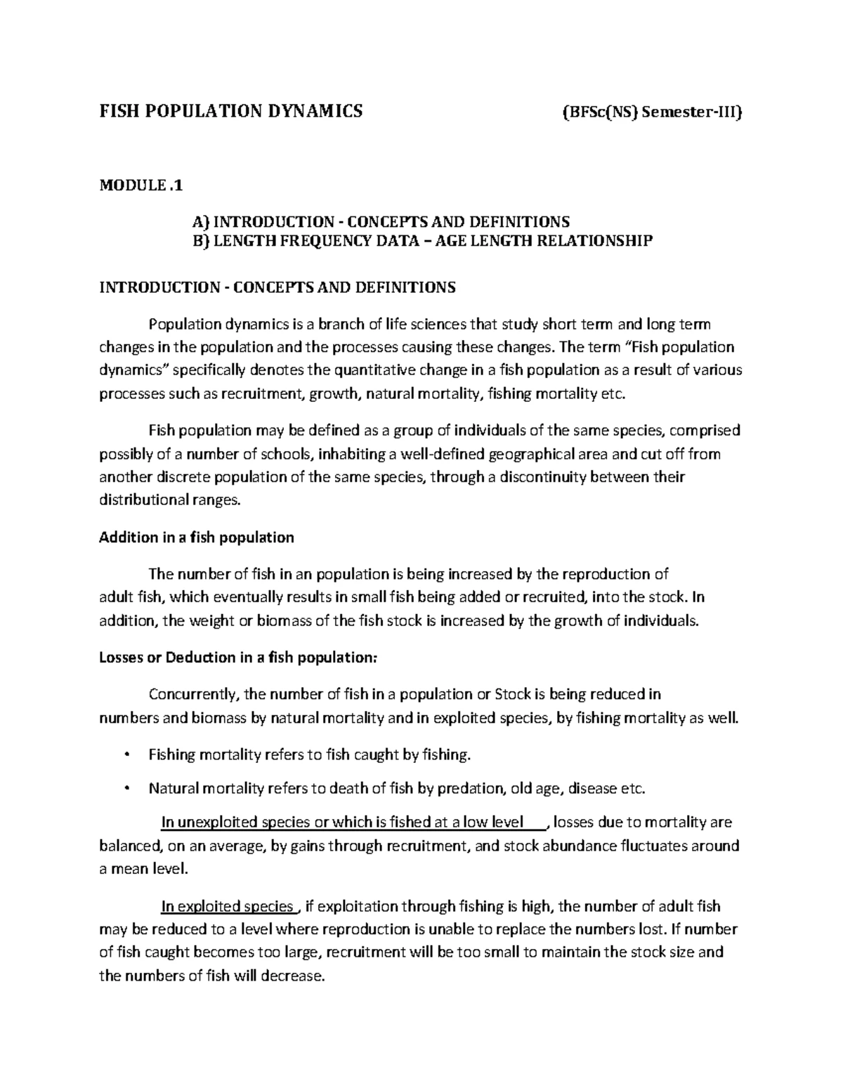 Module 1 Fish population dynamics - FISH POPULATION DYNAMICS (BFSc(NS ...