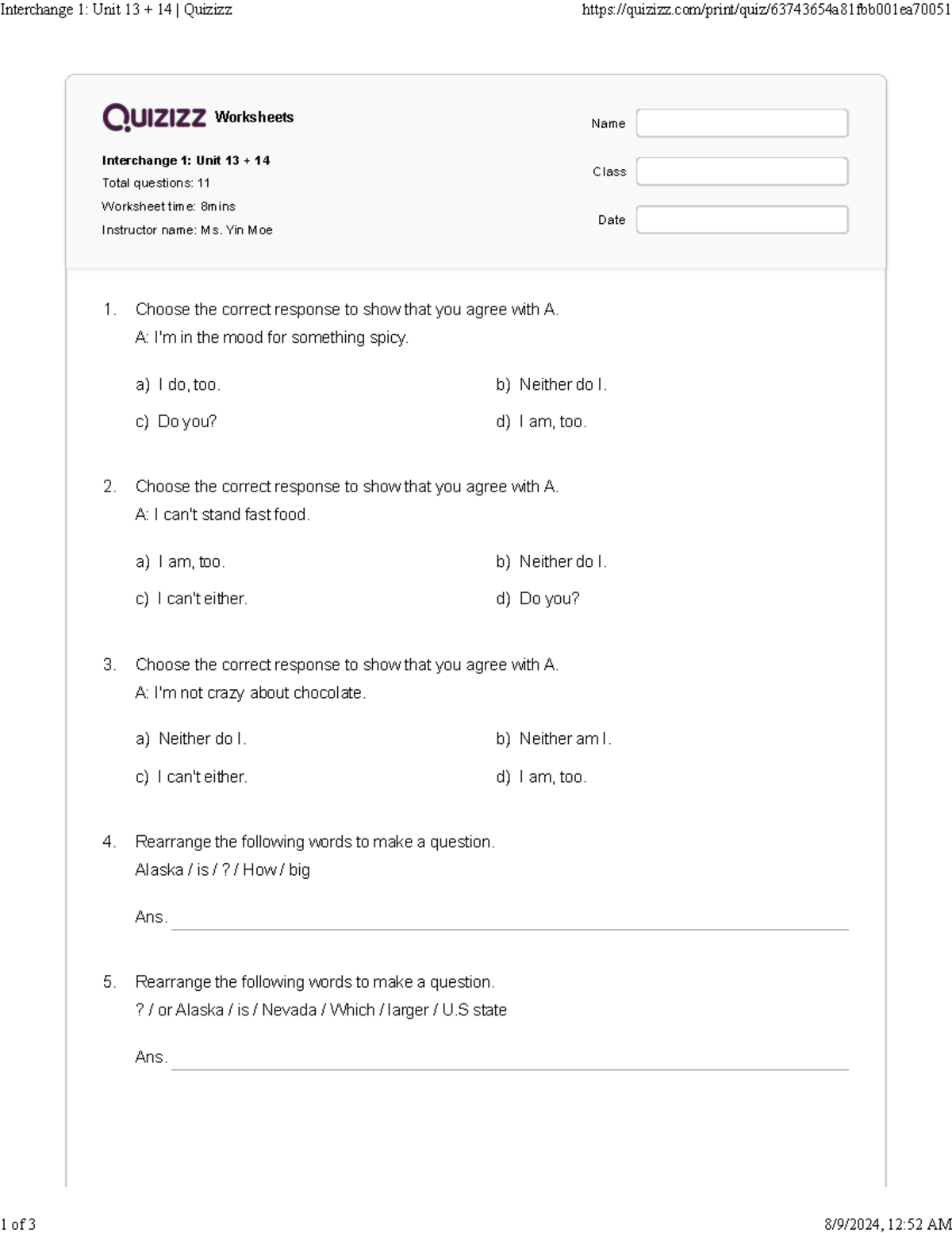 Interchange 1 Unit 13 + 14 Quizizz - Worksheets Interchange 1: Unit 13 ...