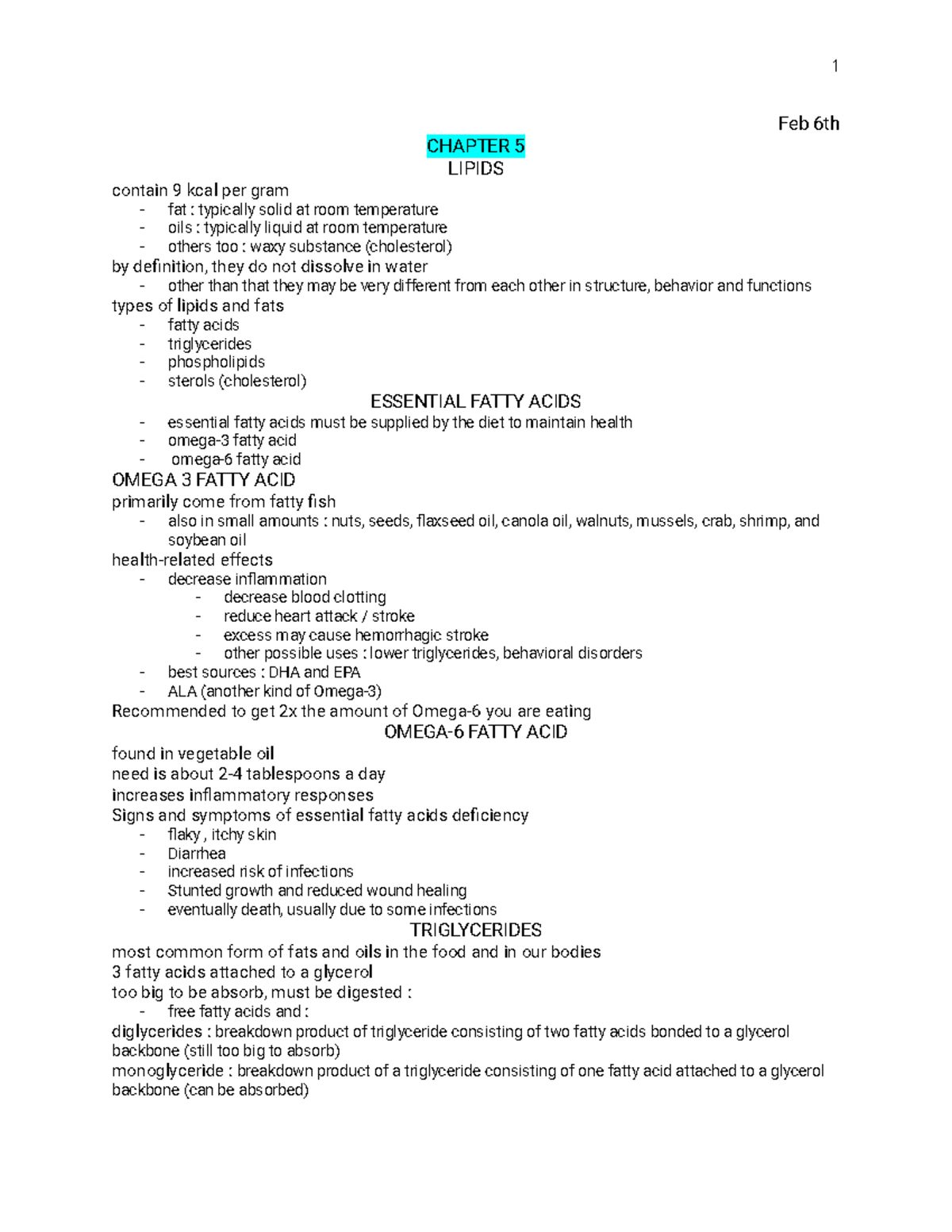 Nutrition notes ch 5 - present - Feb 6th CHAPTER 5 LIPIDS contain 9 ...