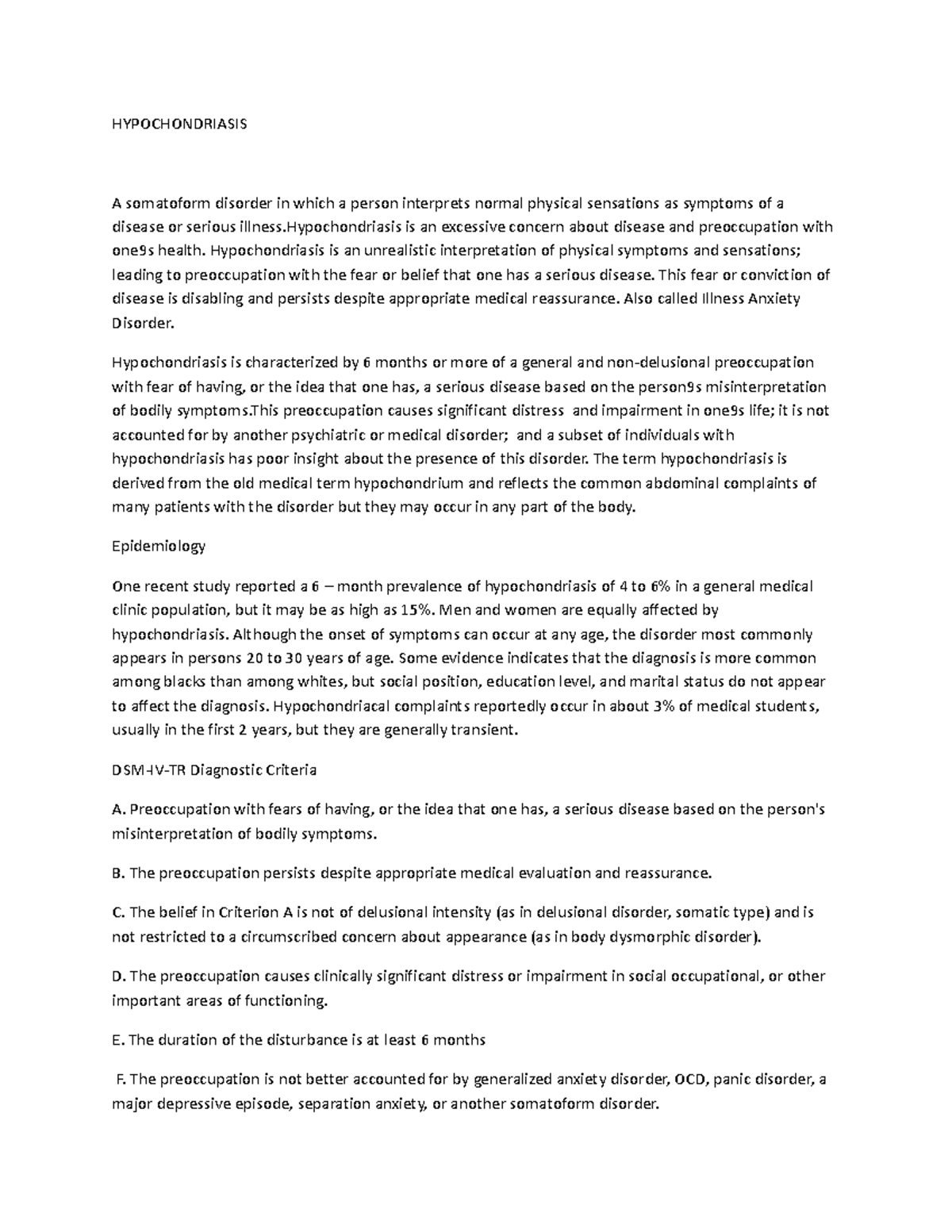 Hypochondriasis-WPS Office - HYPOCHONDRIASIS A somatoform disorder in ...