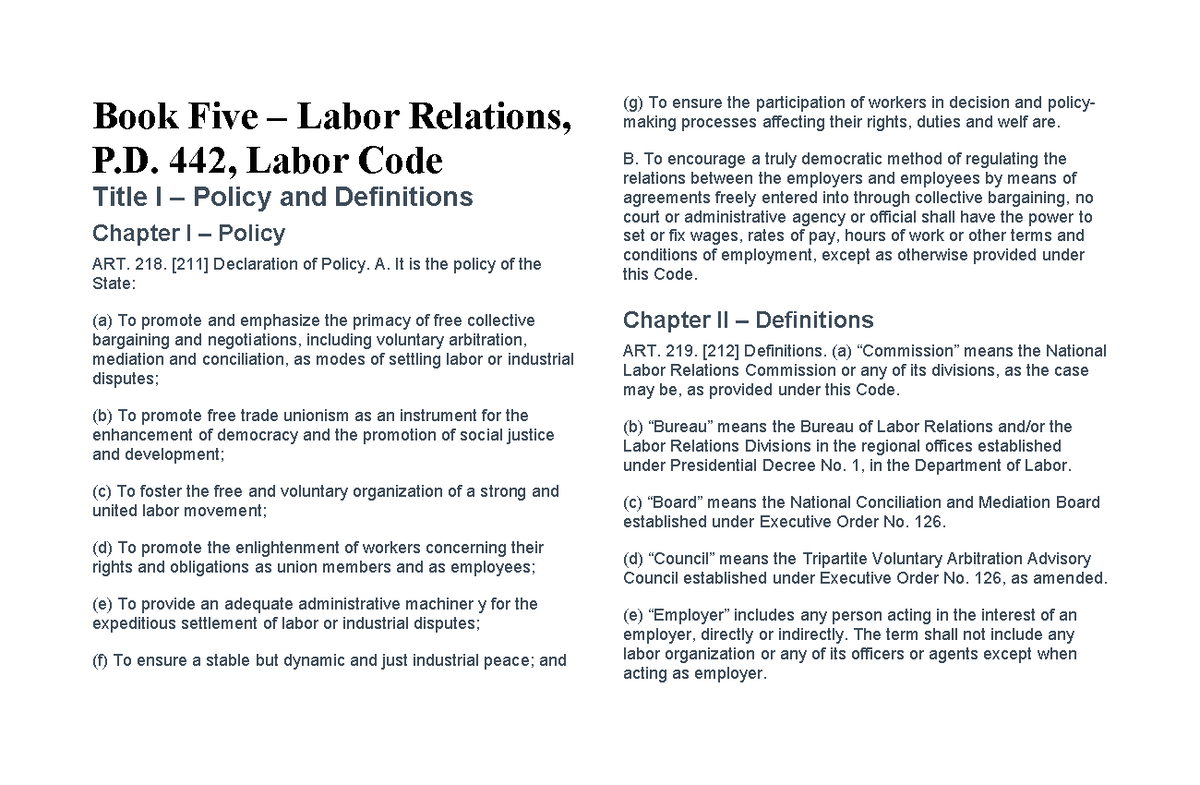 Book Five - WERGERGH - Book Five – Labor Relations, P. 442, Labor Code ...