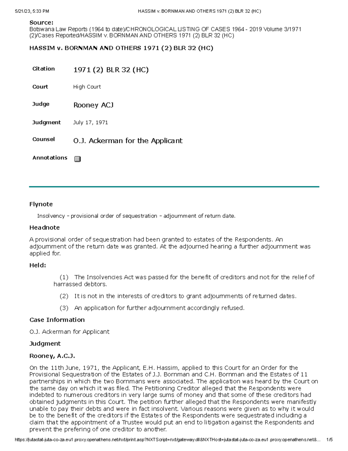 Hassim v. Bornman AND Others 1971 (2) BLR 32 (HC) - Source: Botswana ...