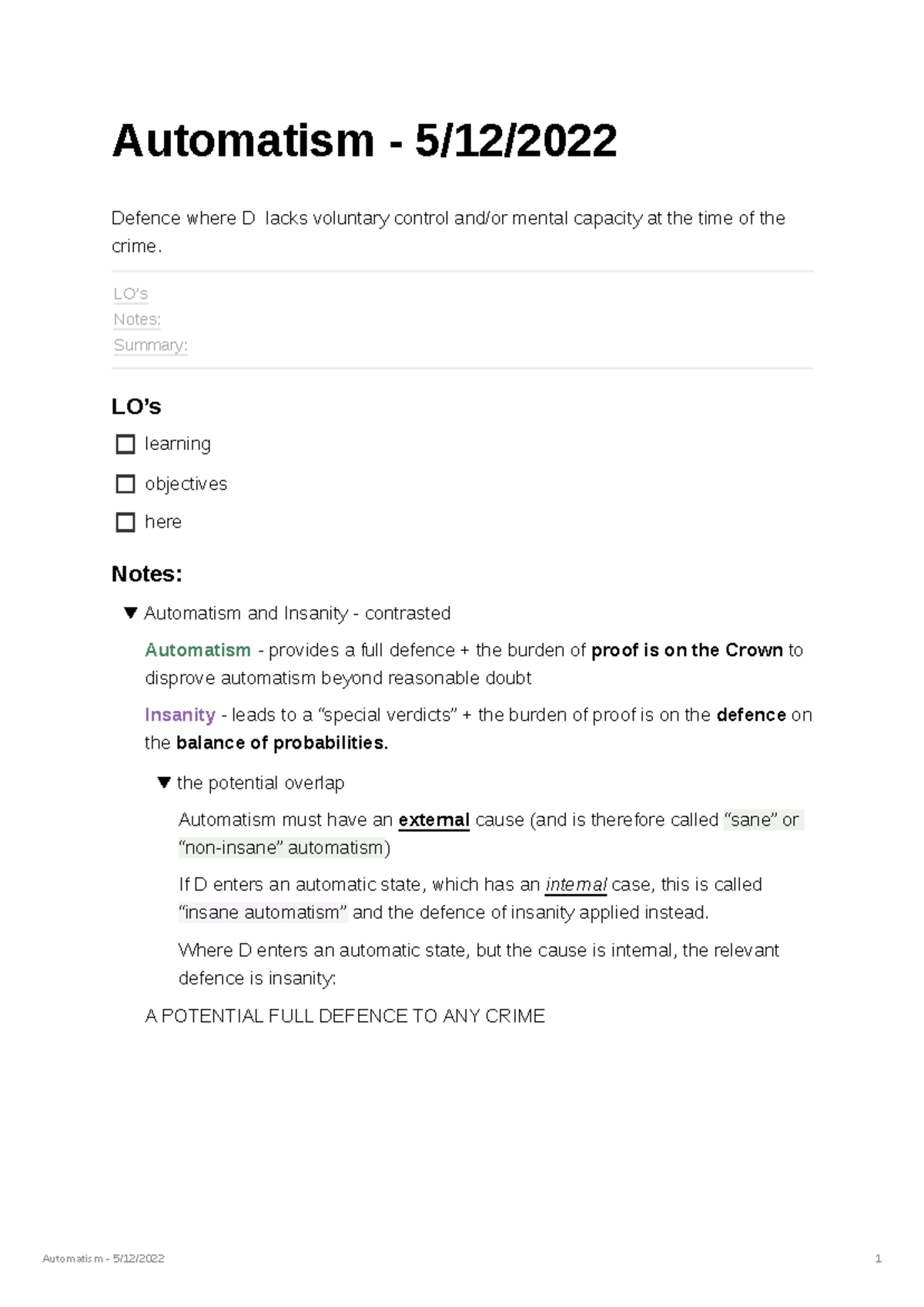 Automatism - LO’s learning objectives here Notes: Automatism and ...