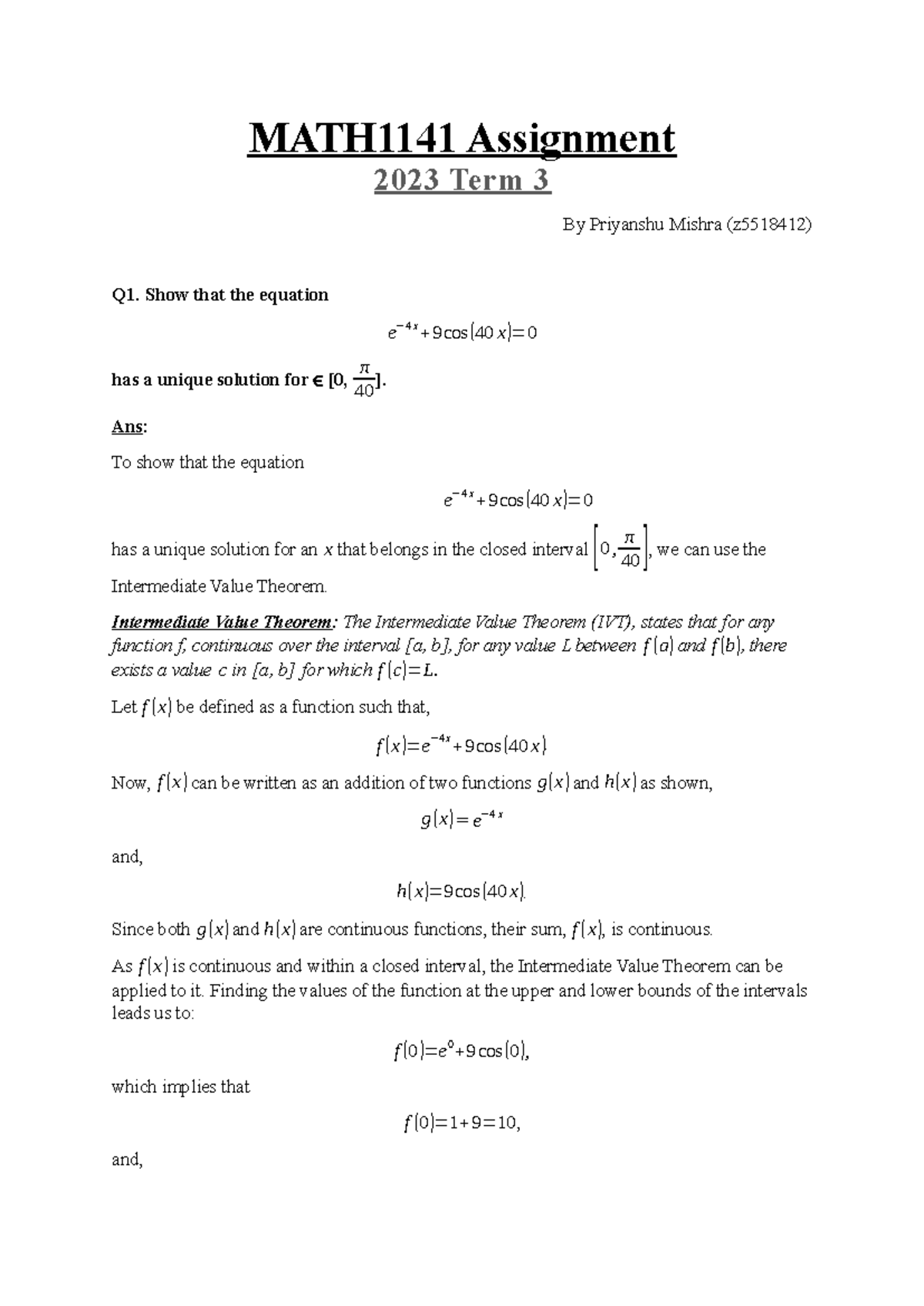MATH1141 Assignment - MATH1141 Assignment 2023 Term 3 By Priyanshu ...