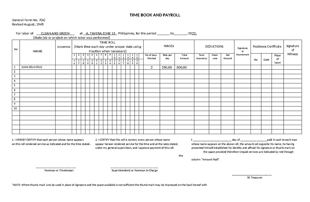 Time book and payroll for labor ex - TIME BOOK AND PAYROLL General Form ...
