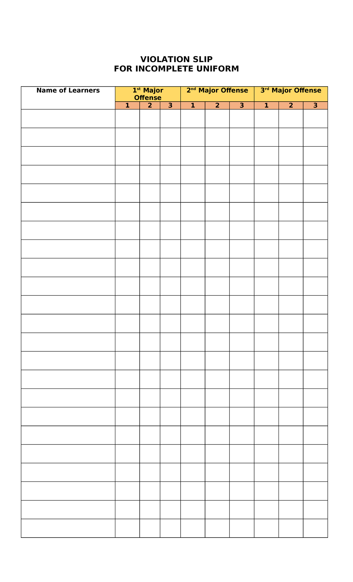 Violation SLIP - teacher - VIOLATION SLIP FOR INCOMPLETE UNIFORM Name ...