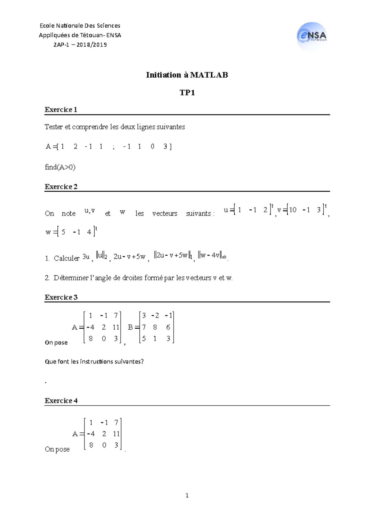 TP1 Matlab - Ecole Nationale Des Sciences Appliquées de Tétouan- ENSA 2AP-1 – 2018/ Initiation à ...