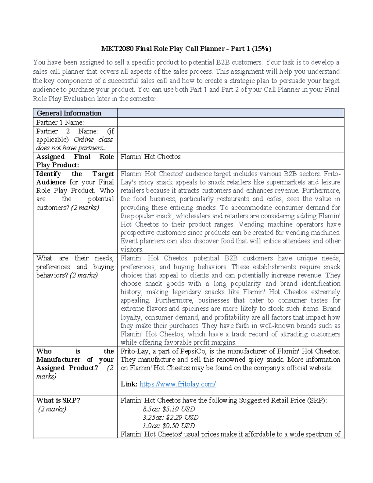 MK2080 Final Role Play Call Planner-Part 1 - MKT2080 Final Role Play ...