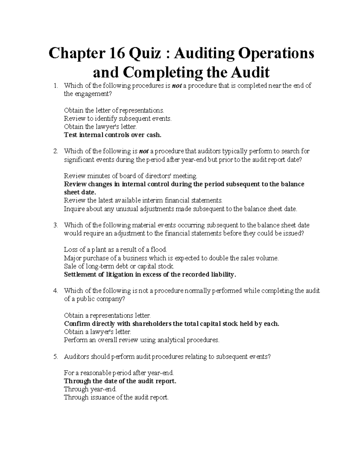 Chapter 16 Quiz Auditing Completion and Operations - Chapter 16 Quiz : Auditing Operations and ...