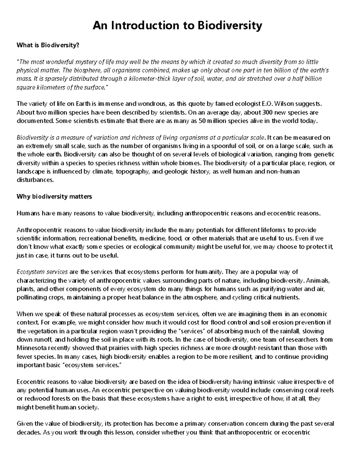 An Introduction to Biodiversity - The biosphere, all organisms combined ...