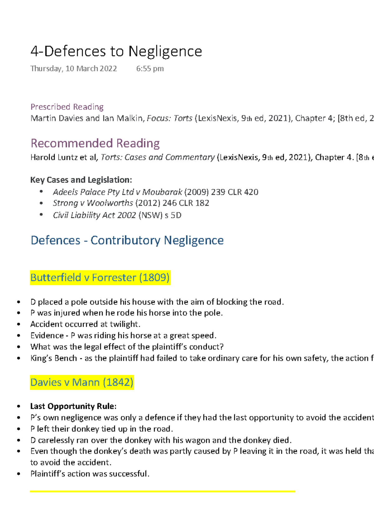 4-Defences to Negligence - Prescribed Reading Martin Davies and Ian ...