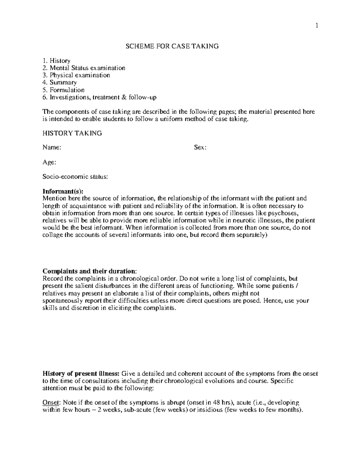 MSE and Case History - SCHEME FOR CASE TAKING History Mental Status ...