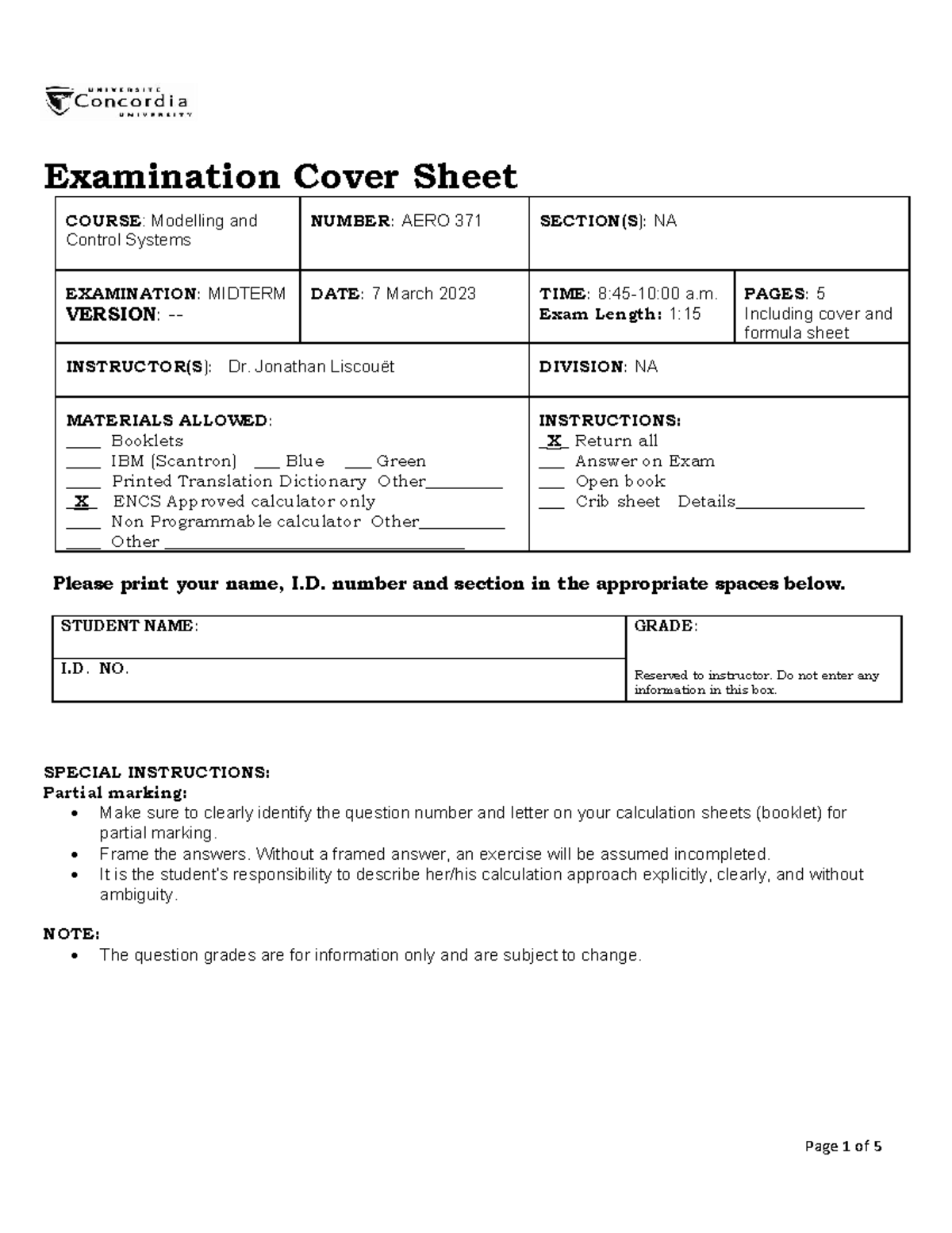 AERO 371 Midterm Exam Winter 2023 - Examination Cover Sheet COURSE ...