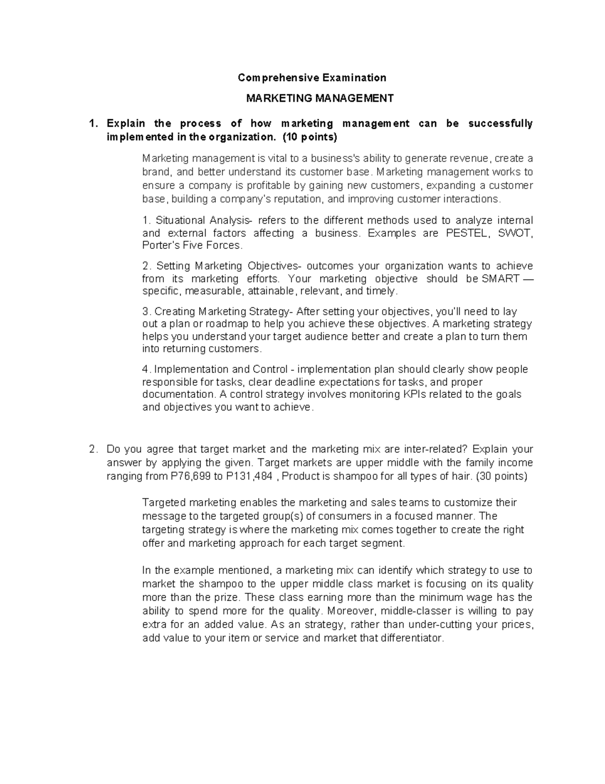 Comprehensive Exam Marketing Management - Comprehensive Examination ...