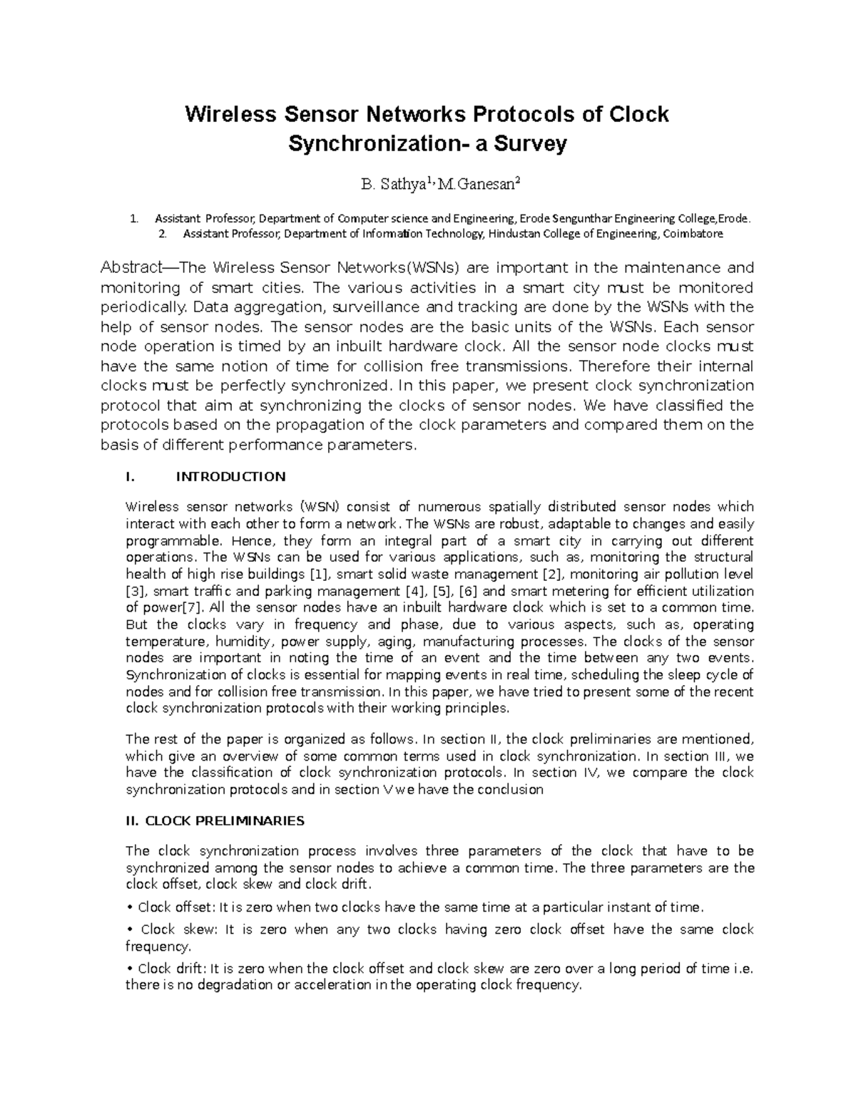Wireless Sensor Networks Protocols Of Clock Synchronization Sathya1 M 2 Assistant Professor