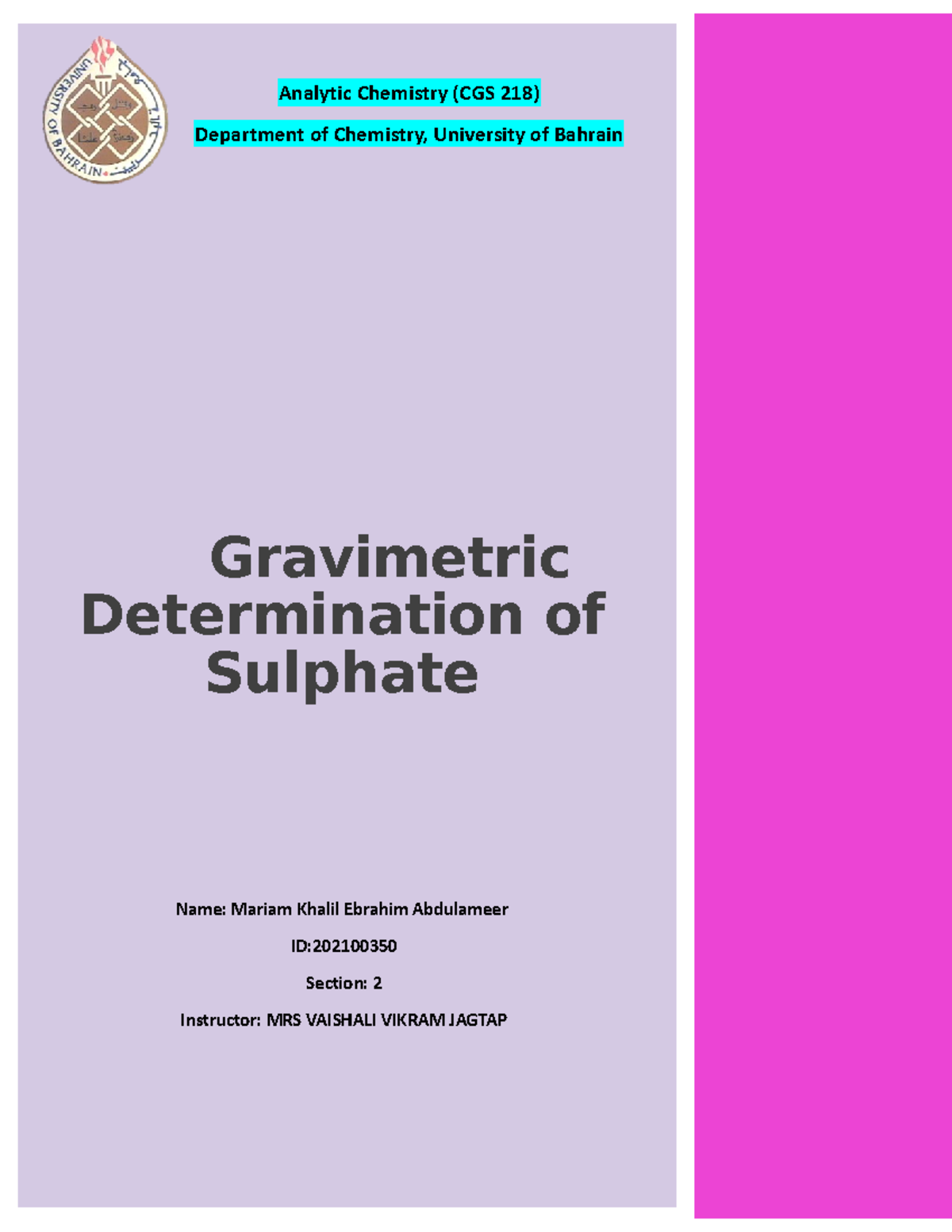 Report 1 - Analytic Chemistry (CGS 218) Department of Chemistry ...