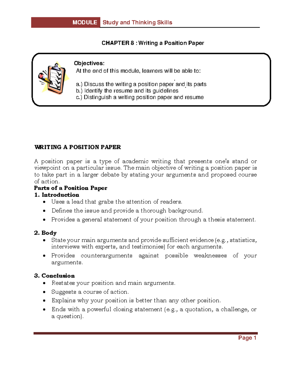 Chapter 8 Writing a Position Paper - WRITING A POSITION PAPER A ...