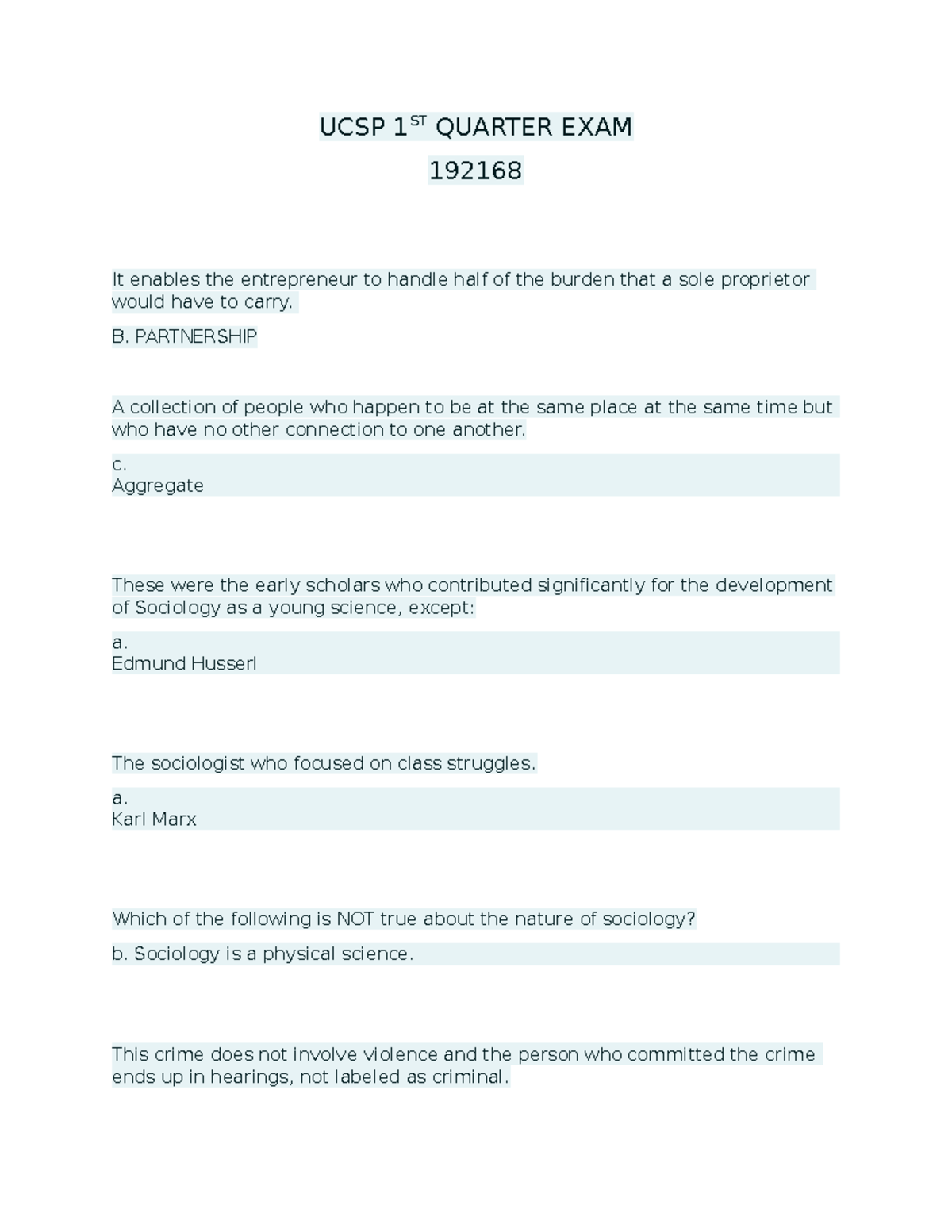192168 UCSP 1ST Quarter - UCSP 1 ST QUARTER EXAM 192168 It enables the ...