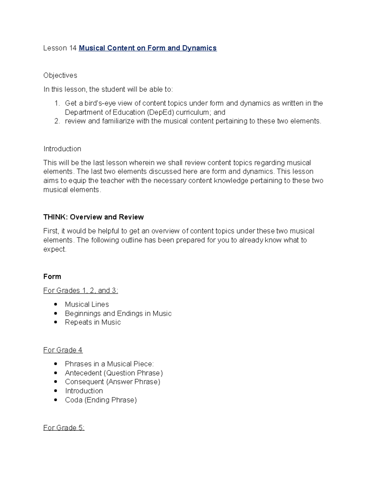 Lesson 14 Musical Content on Form and Dynamics - Lesson 14 Musical ...