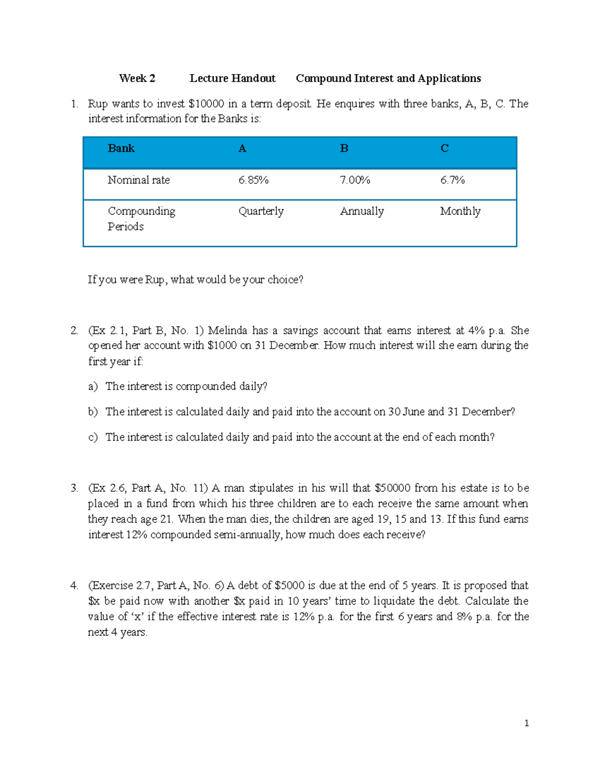 Week 2 Lecture Handout Compound Interest and Applications - He enquires ...