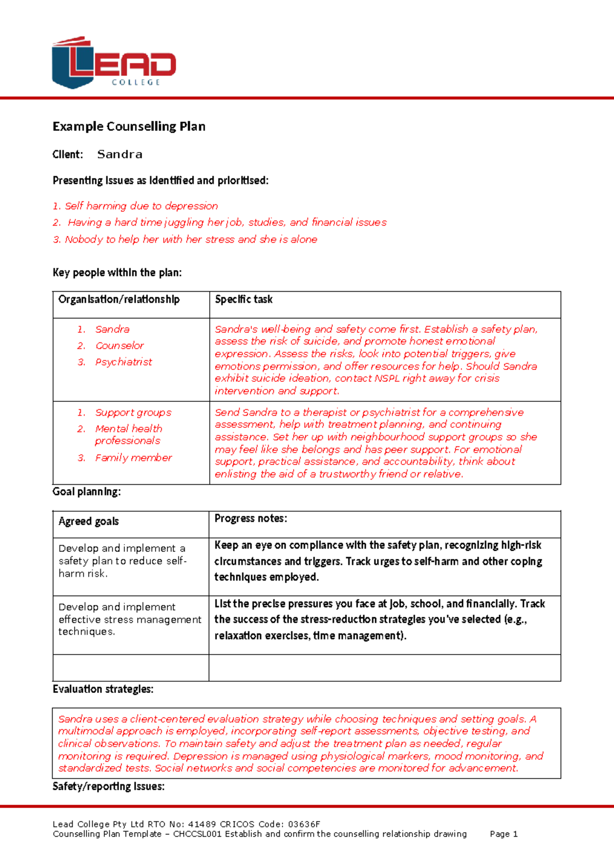 Template - Counselling Plan - Example Counselling Plan Client: Sandra ...