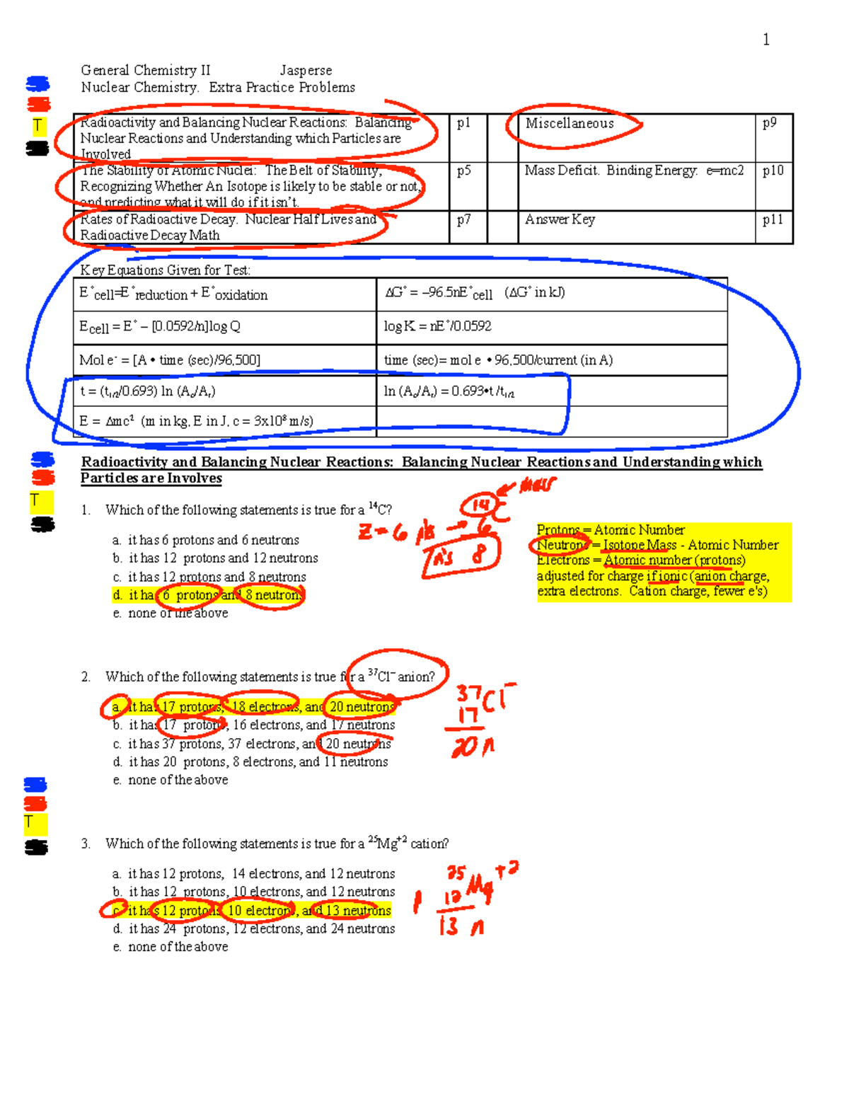 Test4 210 Nuclear Chemistry Practice Problems-answers-Marked - General ...