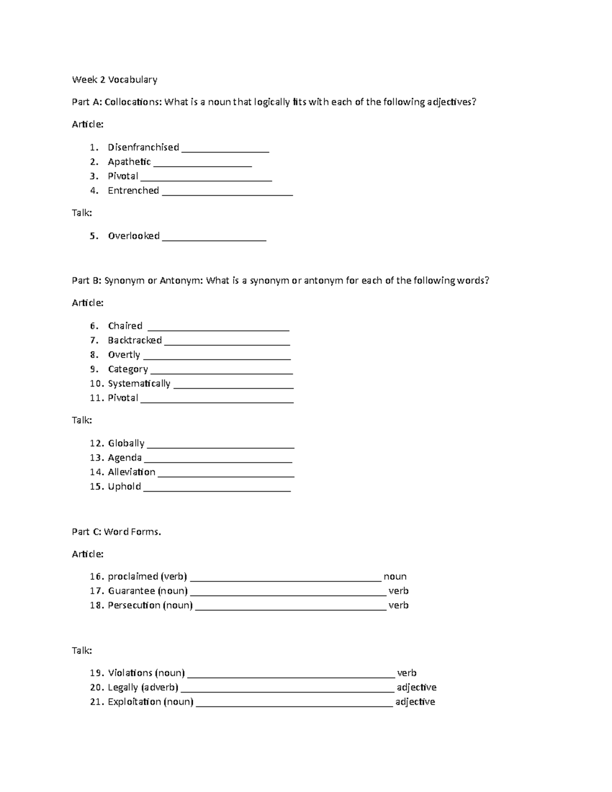 2.4 Vocabulary Exercises Week 2 Ethical Issues(1) - Week 2 Vocabulary Part A: Collocations: What ...