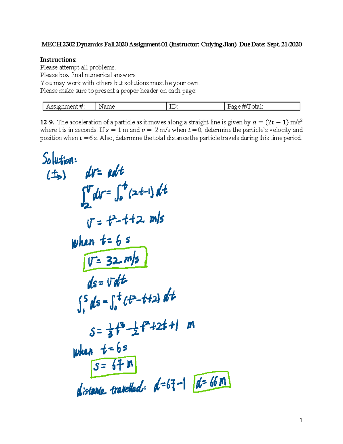 MECH2302-Assignment 01-Solutions - MECH 2302 Dynamics Fall 2020 Assignment 01 (Instructor ...