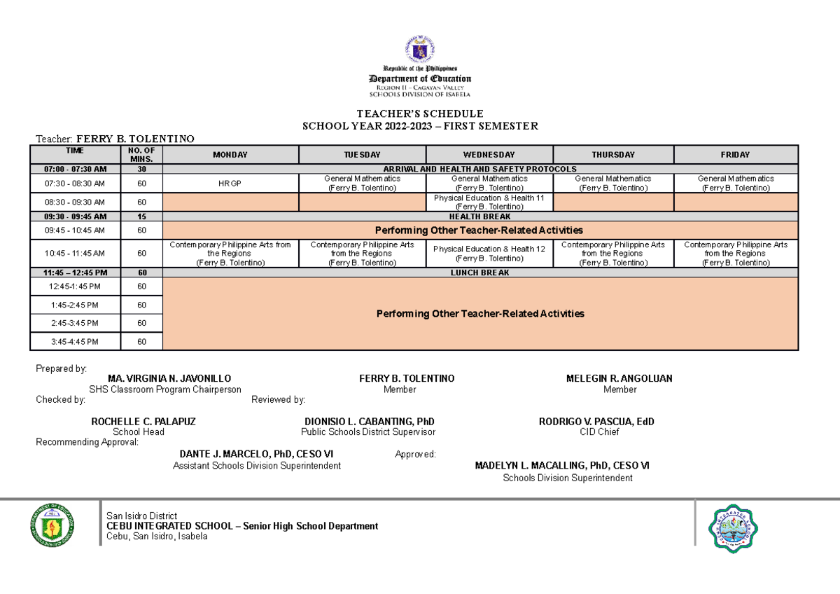 Teachers- Program - SCHOOL YEAR 2022-2023 – FIRST SEMESTER Teacher ...