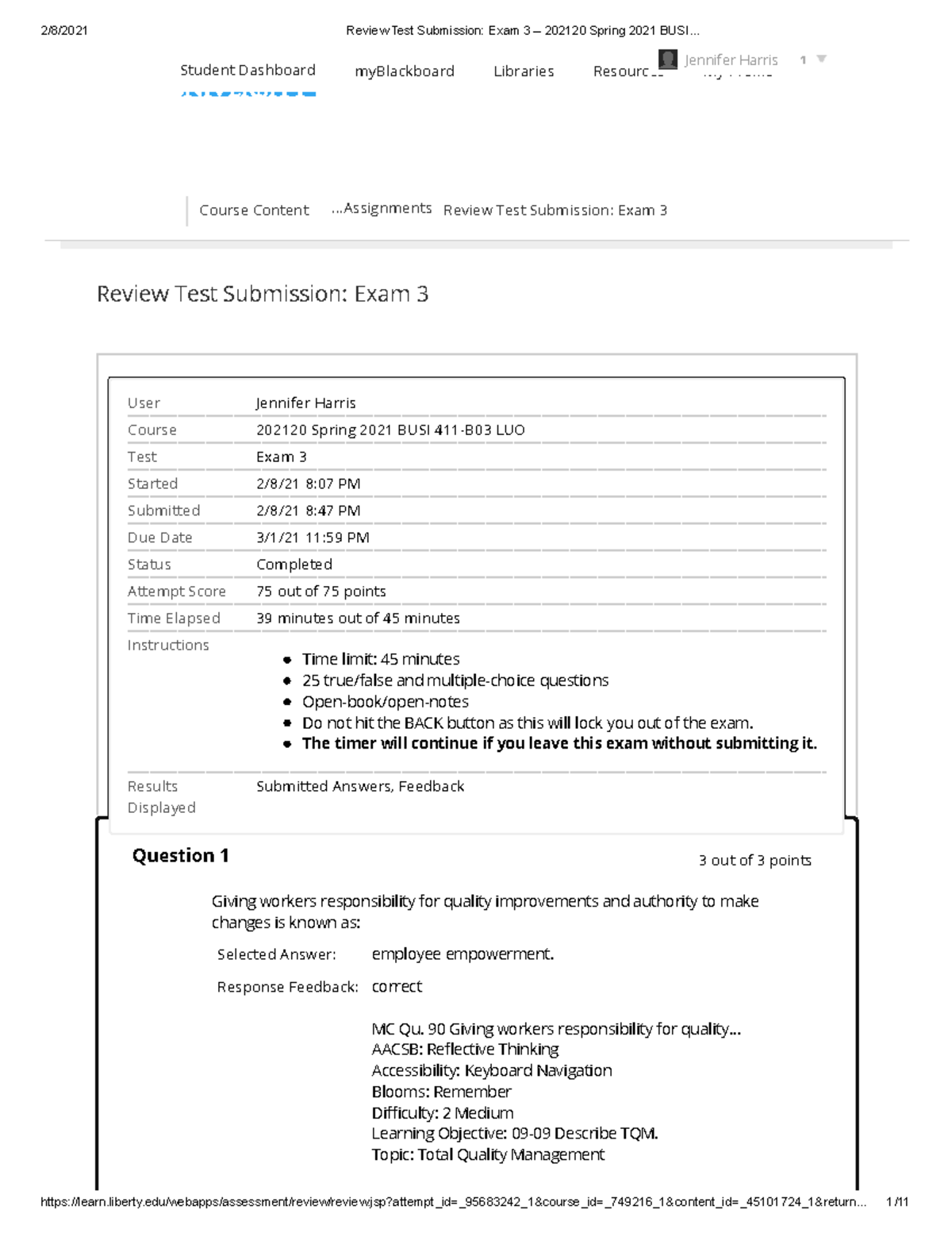 BUSI 411 Exam 3 – 202120 Spring 2021 BUSI - Course Content .. Review ...