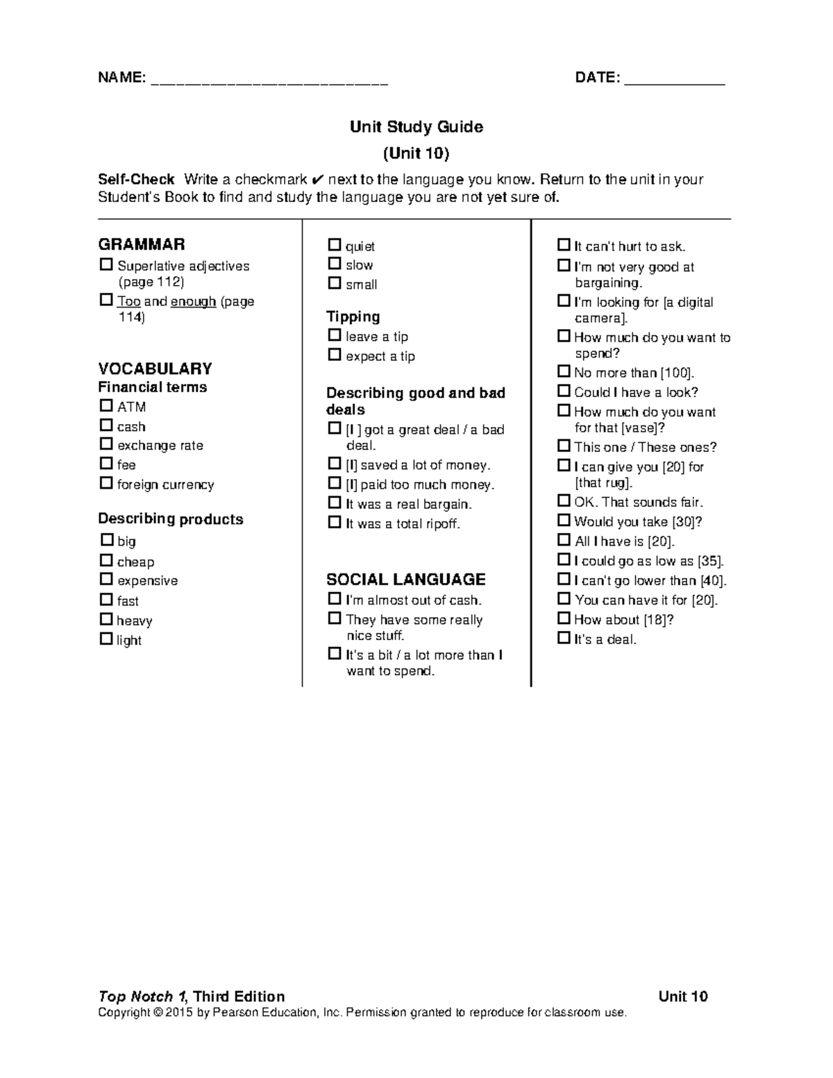 Unit 10 Unit Study Guide Name Date