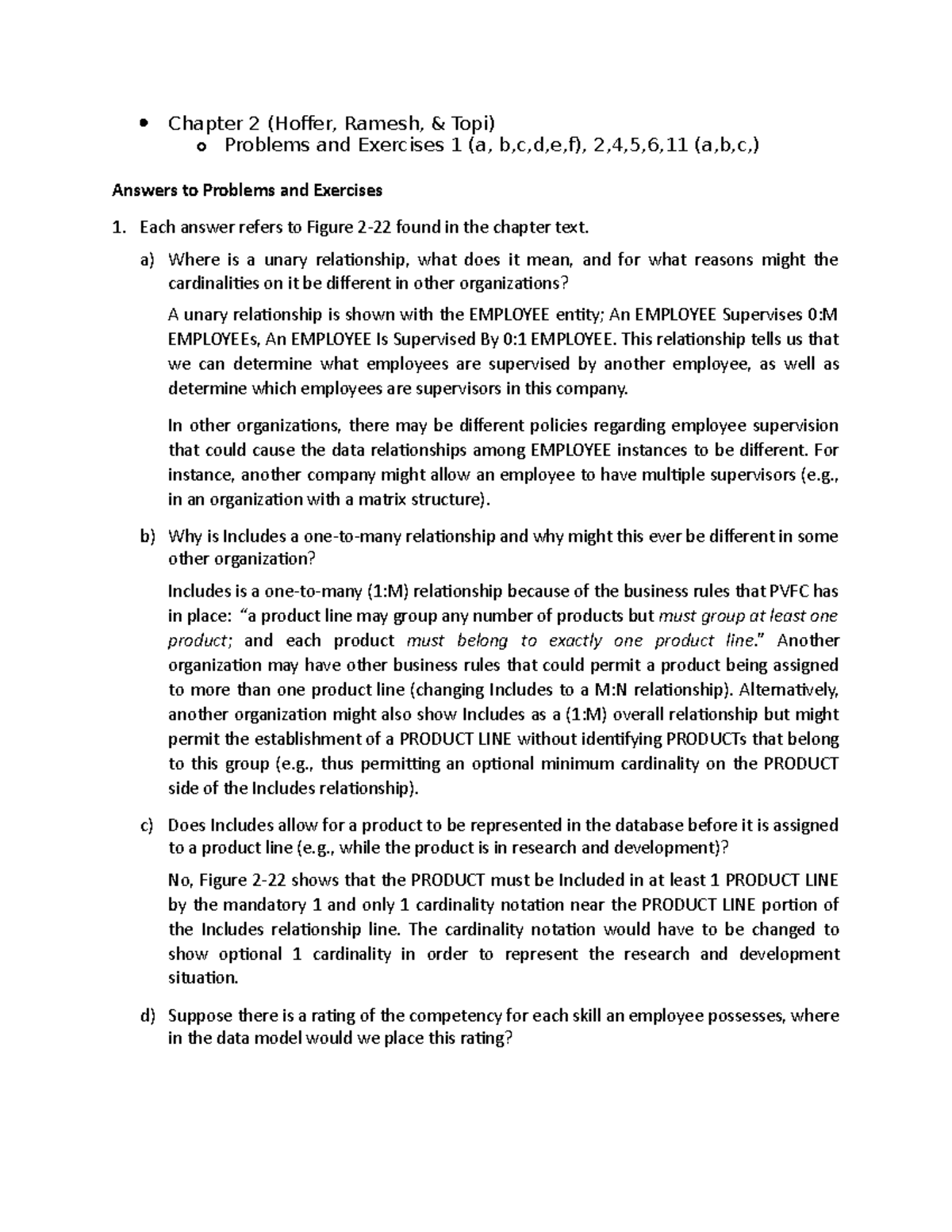 HW Week02 Solution ch02 - Chapter 2 (Hoffer, Ramesh, & Topi) o Problems and Exercises 1 (a ...