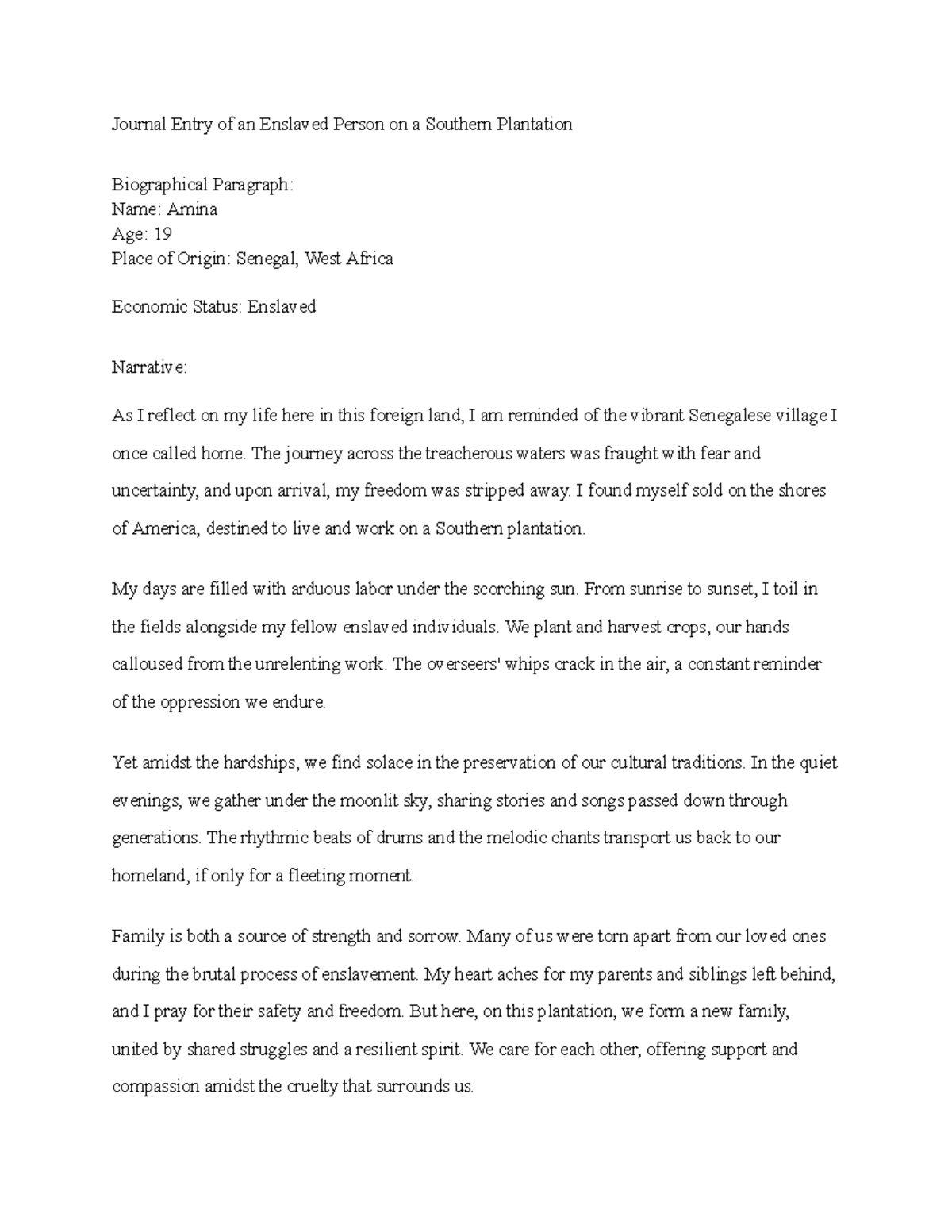 Journal Entry of an Enslaved Person on a Southern Plantation - The ...