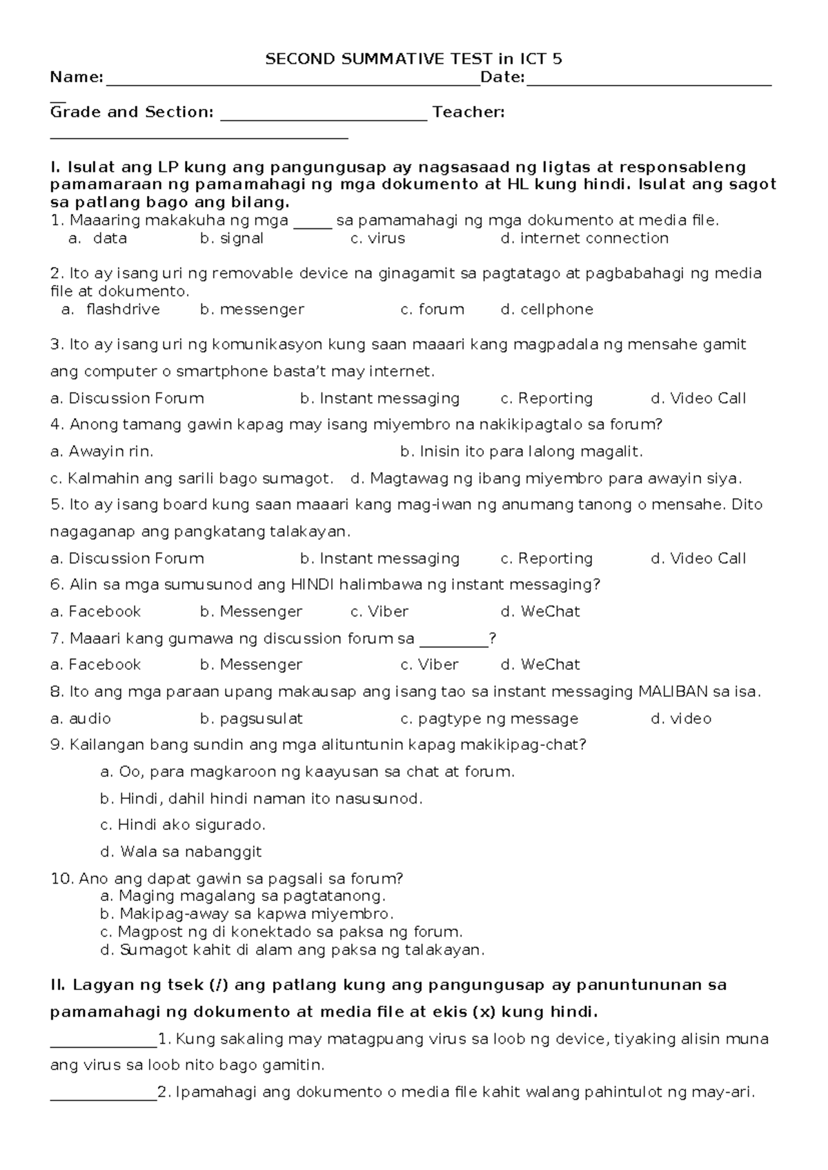 ICT5 ST#2 - SECOND SUMMATIVE TEST in ICT 5 Name:_________________Date ...