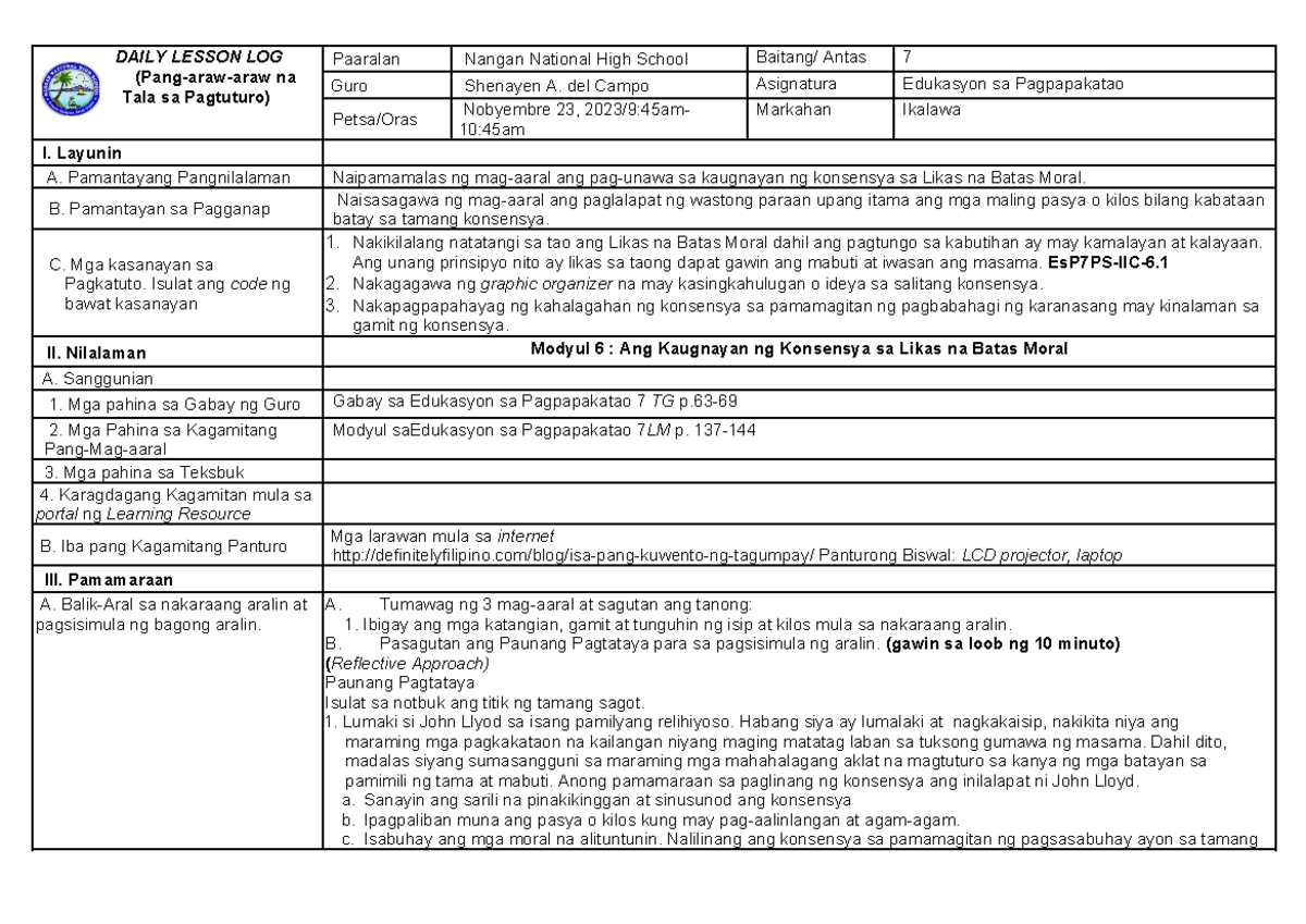 6Module 6 nov23 - lesson plan - DAILY LESSON LOG (Pang-araw-araw na ...