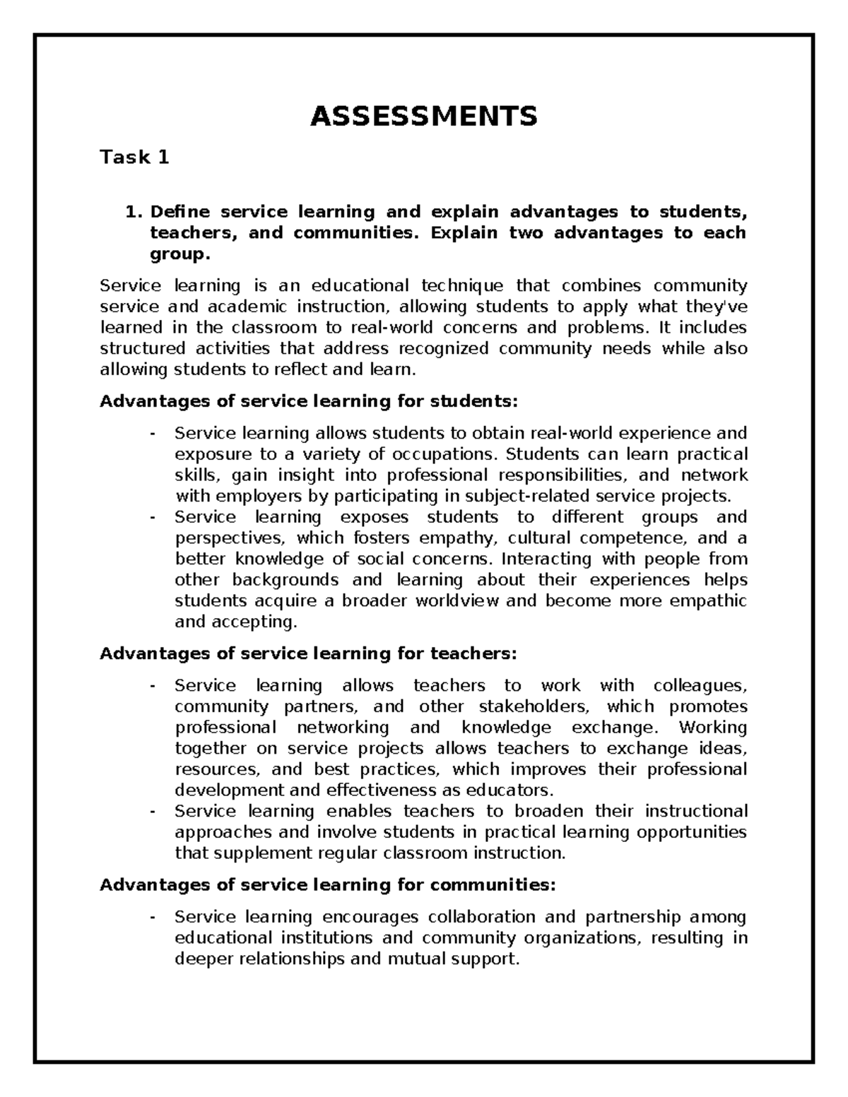 Cwts task 1 - ASSESSMENTS Task 1 1. Define service learning and explain ...