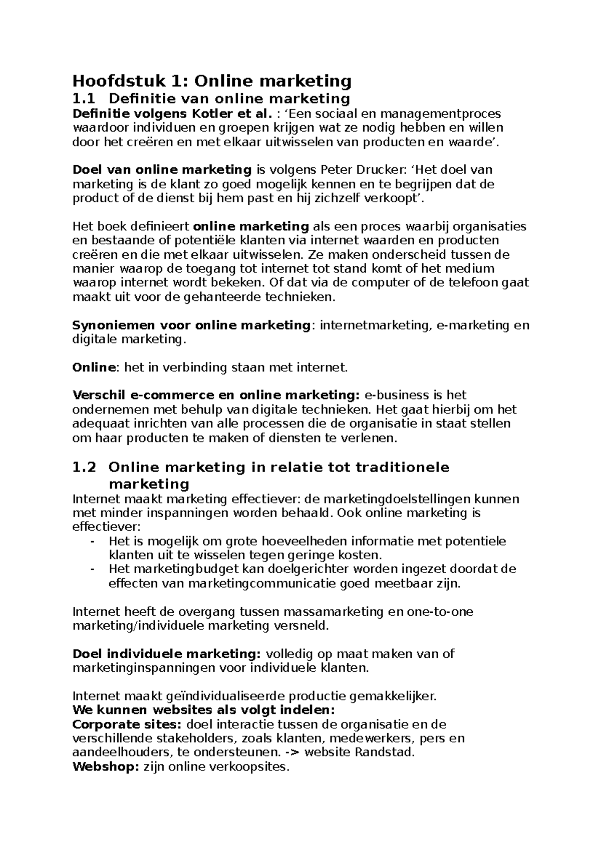 Samenvatting Online - Hoofdstuk 1: Online marketing 1 Definitie van ...