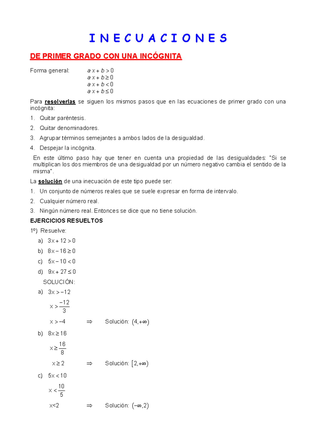 Inecuaciones teoria y ejercicios 053457 - I N E C U A C I O N E S DE PRIMER GRADO CON UNA ...