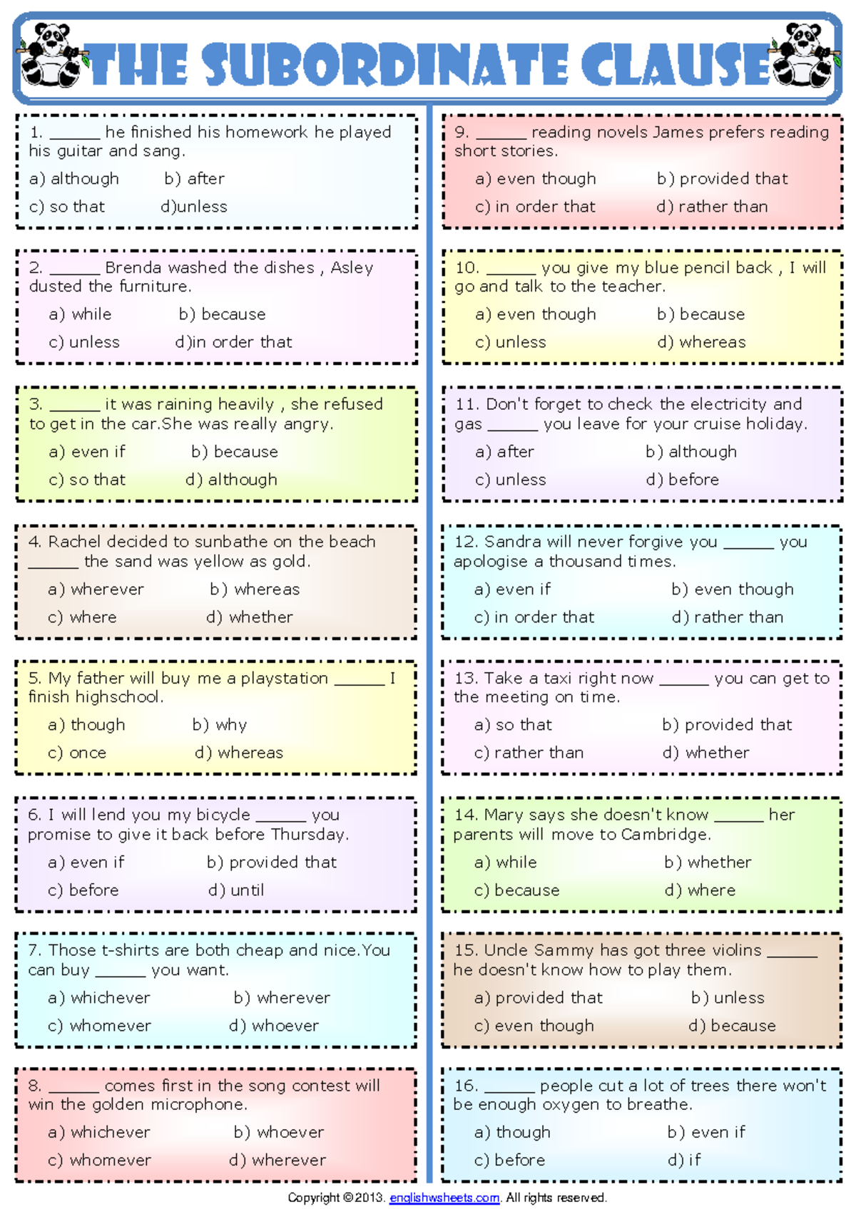 Subordinate clauses multiple choice test worksheet - THE SUBORDINATE ...