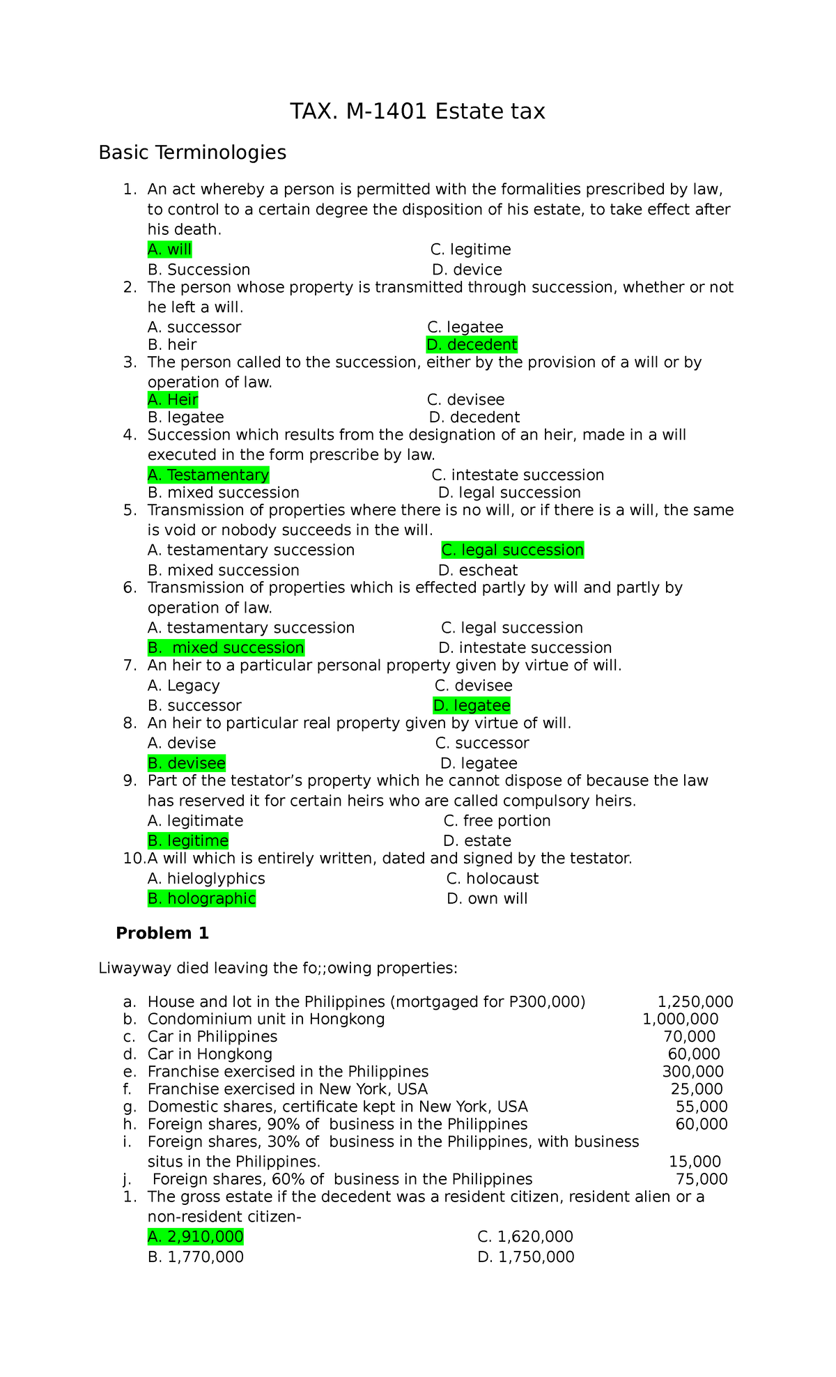 Practice material with answer for estate taxation - TAX. M-1401 Estate ...