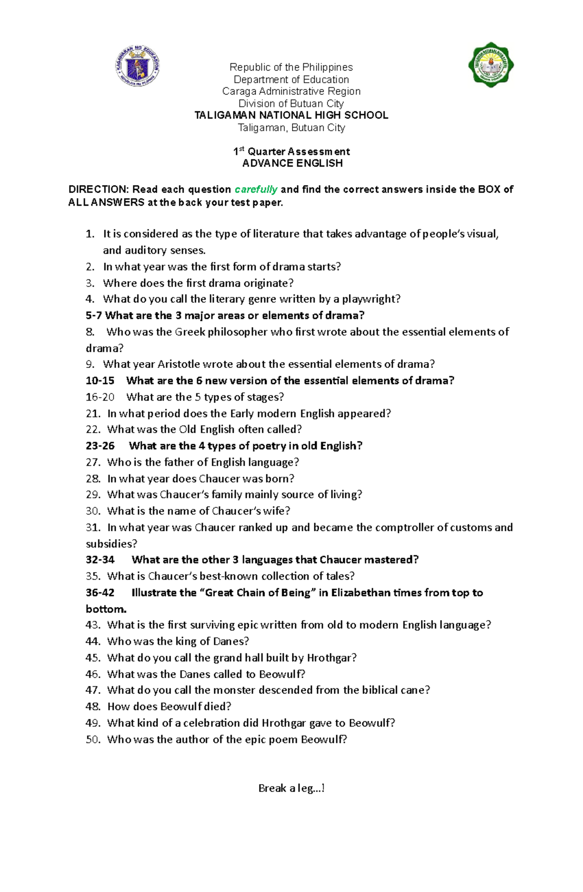 1STQ- Advance English EXAM - Republic of the Philippines Department of ...