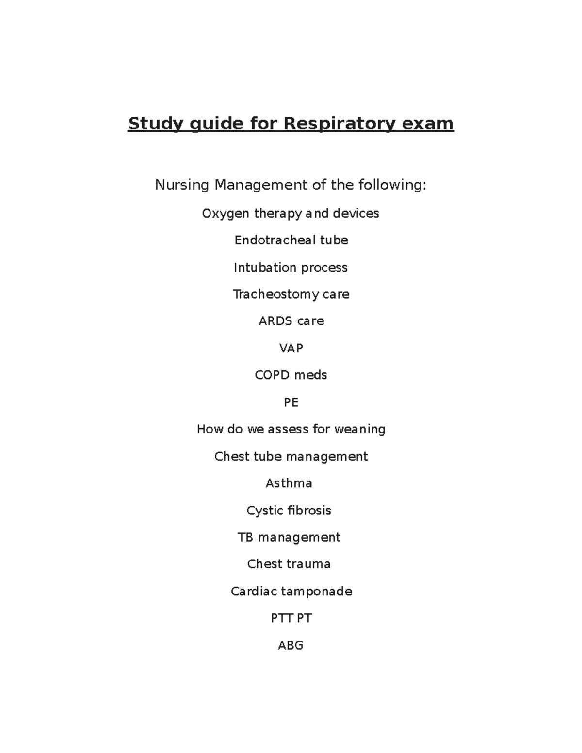 N4 - Study guide for Respiratory exam - Study guide for Respiratory ...