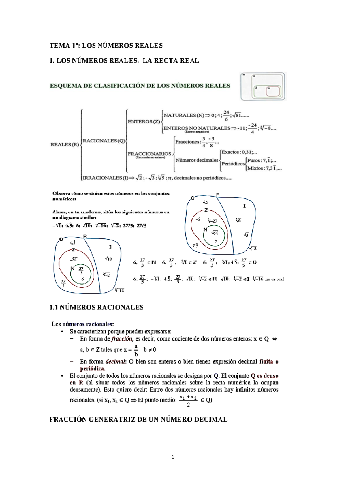 Tema 1 mate - Números Reales. - TEMA 1º: LOS NÚMEROS REALES 1. LOS NÚMEROS REALES. LA RECTA REAL ...