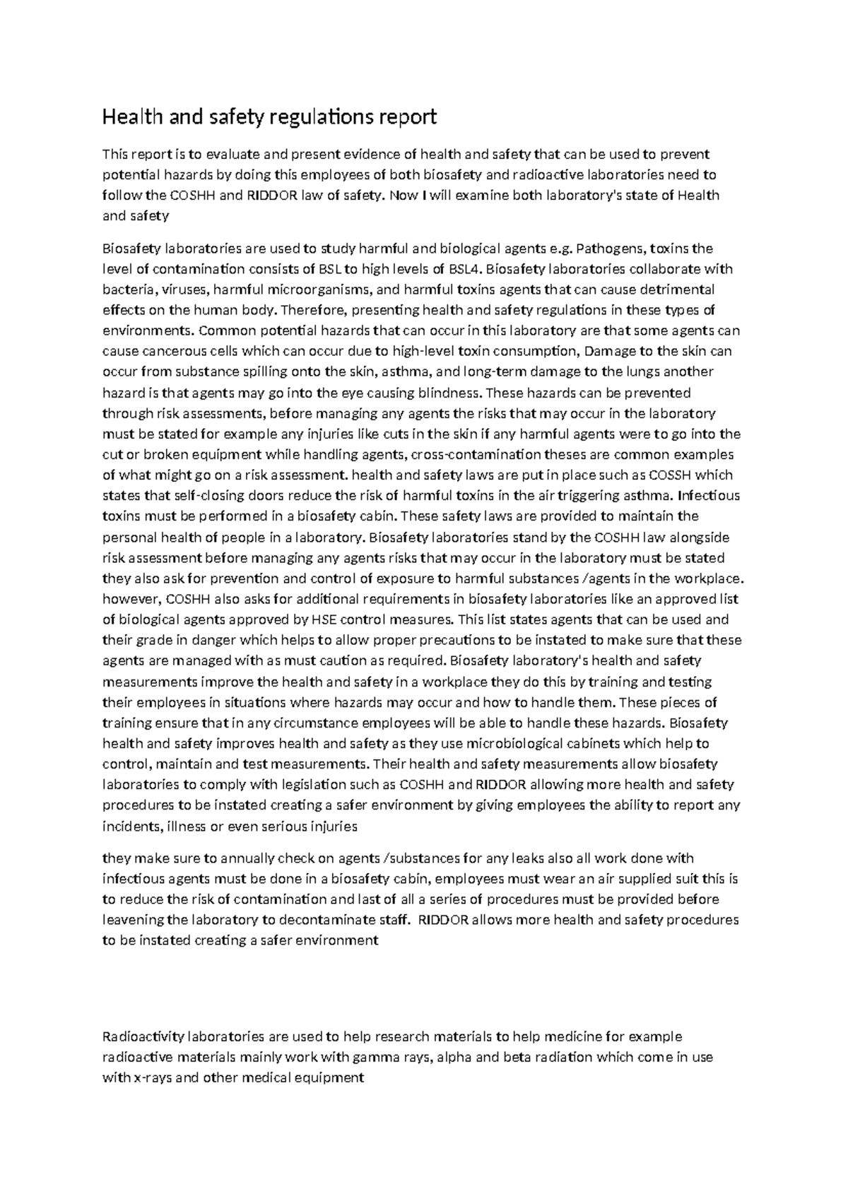 Health and safety report - Health and safety regulations report This ...