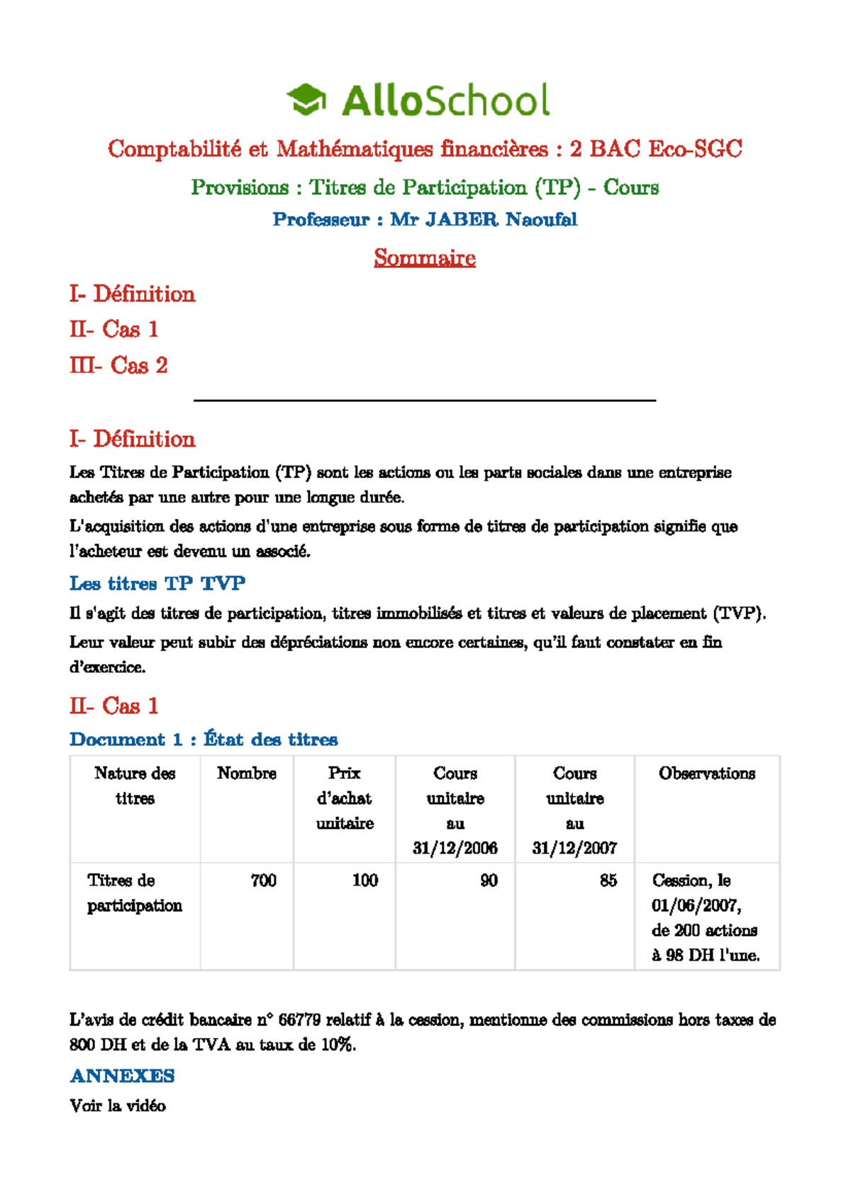 Provisions titres de participation tp cours - Comptabilité s1 - Studocu
