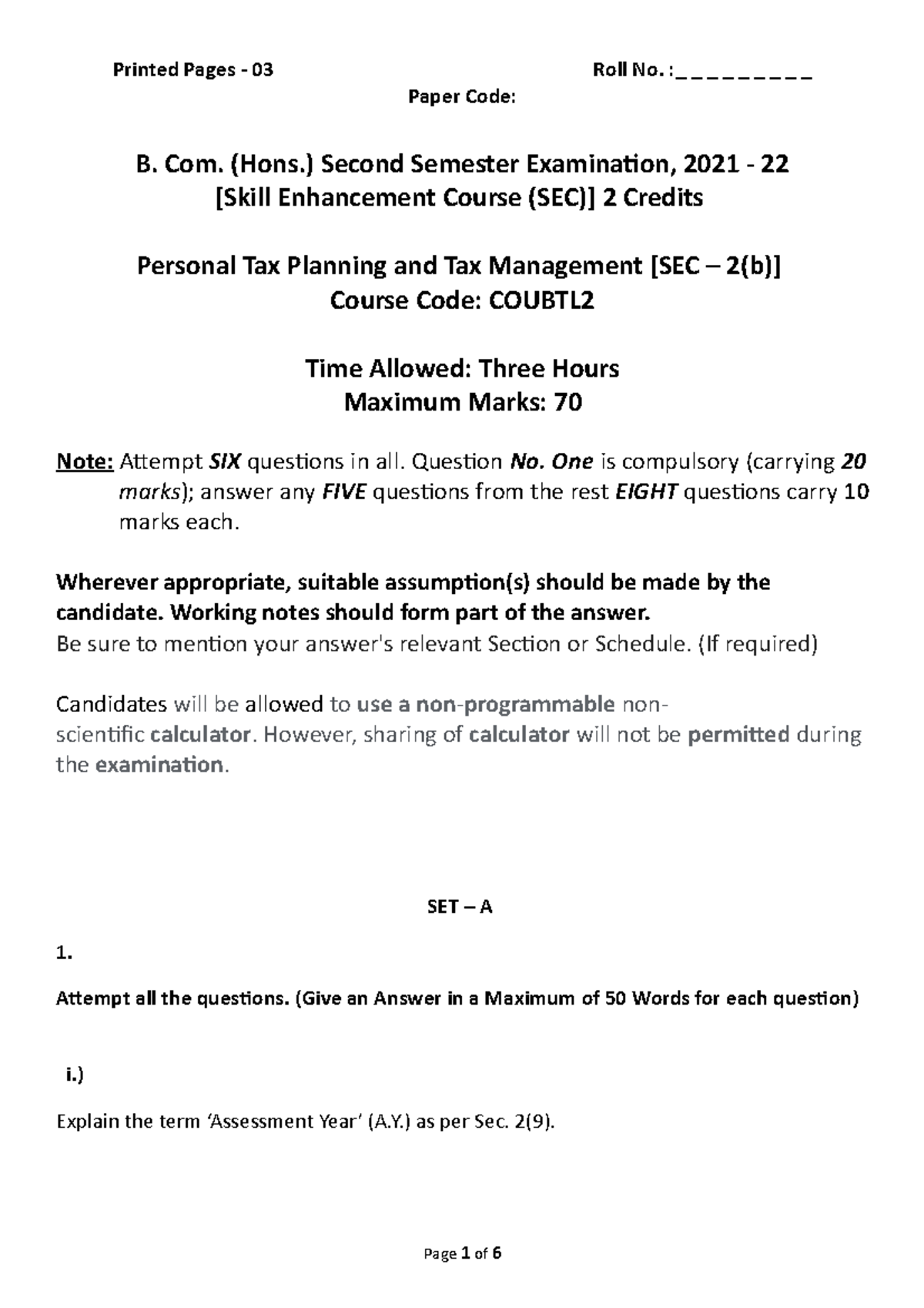 Personal Tax Planning and Tax Management SEC 2b Course Code Coubtl 2for ...