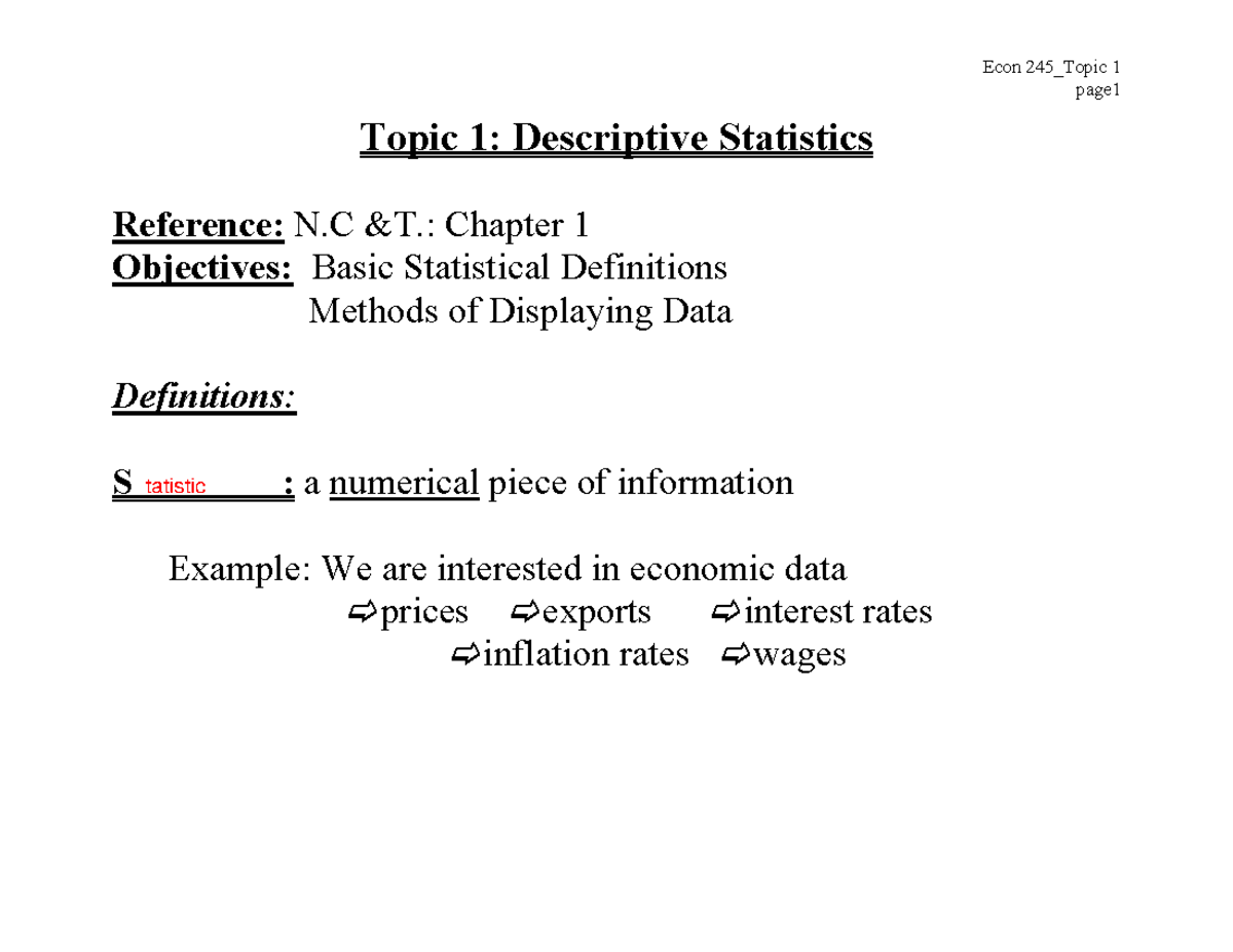 Tp1part1 - Lecture notes 1 - page Topic 1: Descriptive Statistics ...