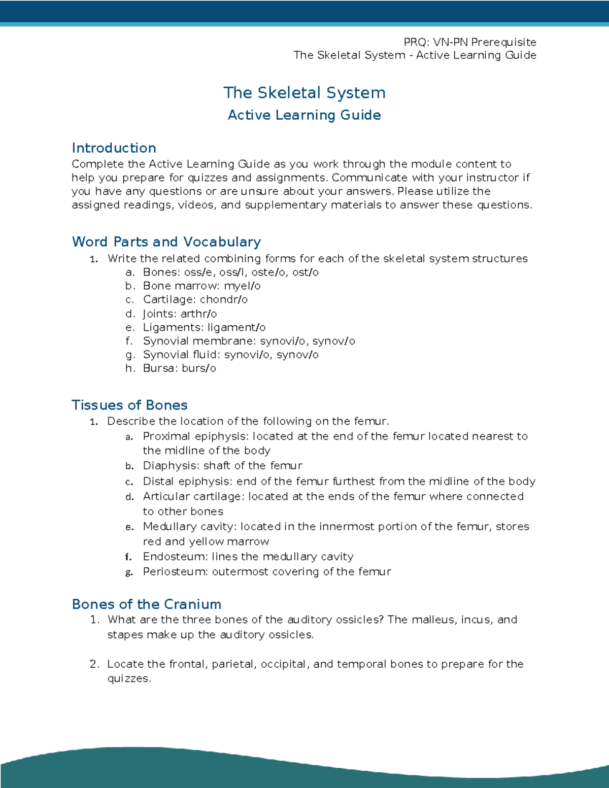 Active Learning Guide (Ch. 3 - Skeletal System) - The Skeletal System ...